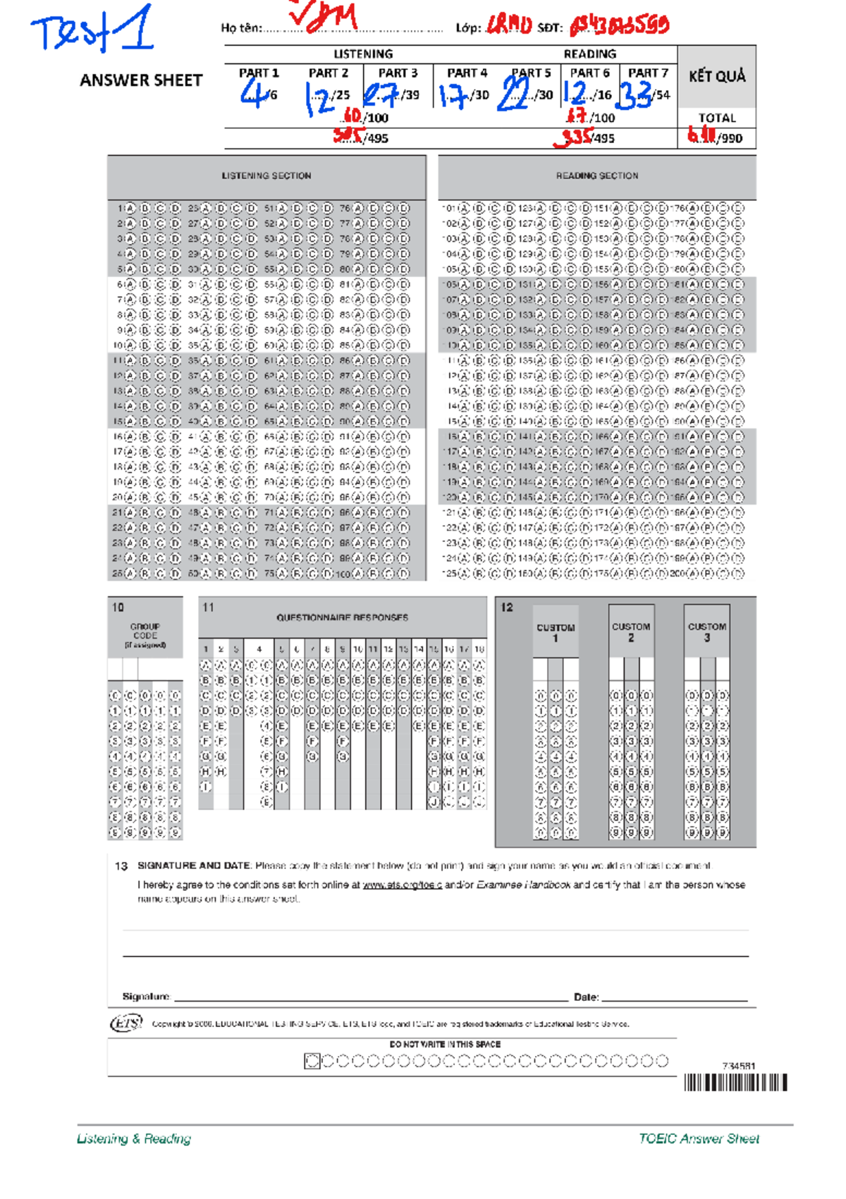 TOEIC Listening & Reading Answer Sheet - UR140 Test 1 - Studocu