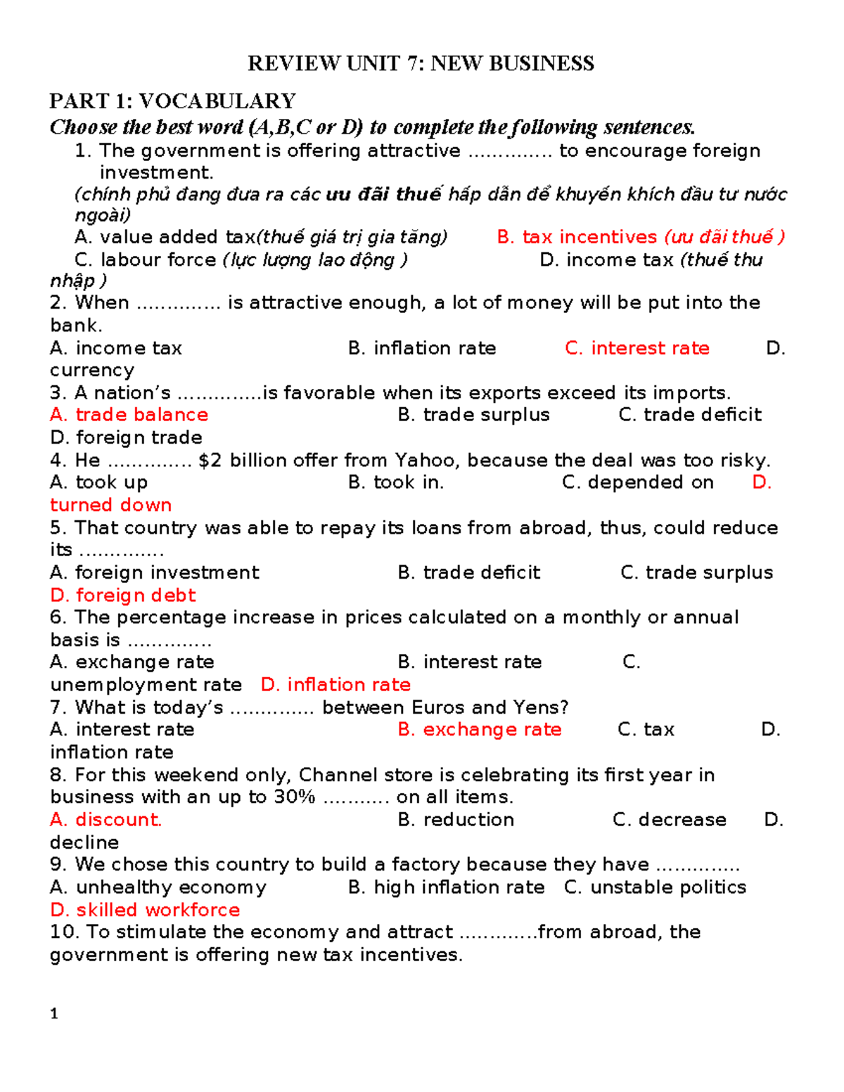 Unit 7 Vocabulary and Grammar Practice - Business Concepts - Studocu
