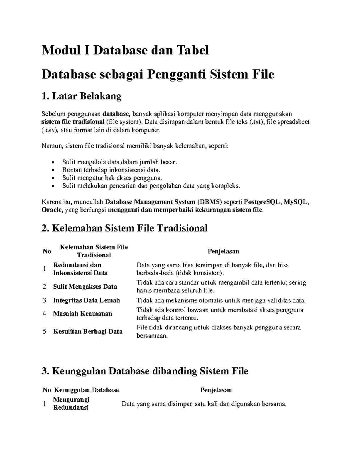 Modul I: Database dan Tabel dalam Sistem Manajemen Data - Studocu