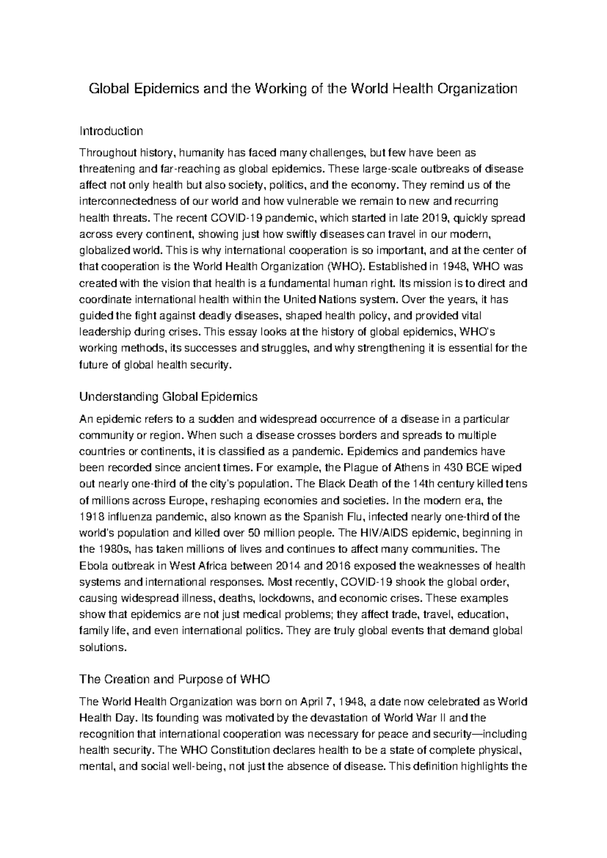 Global Epidemics and WHO: An In-Depth Analysis Assignment - Studocu
