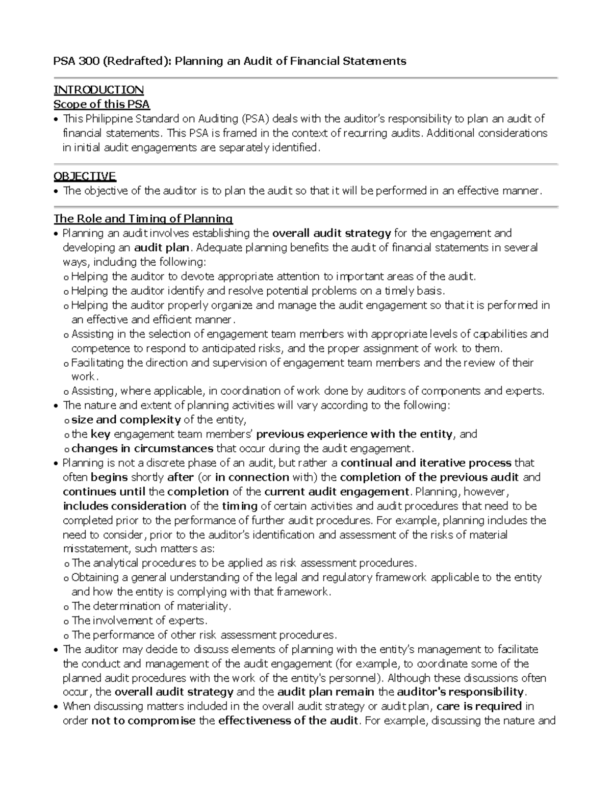 PSA 300: Audit Planning & Risk Assessment in Financial Statements - Studocu