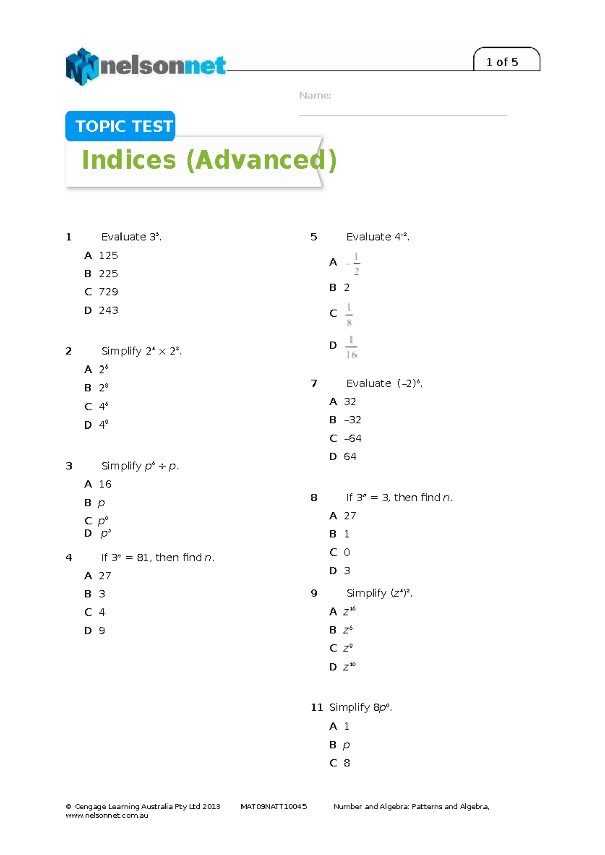 Indices Test Revision for MAT09NATT10045 and MAT09NATT10025 - Studocu