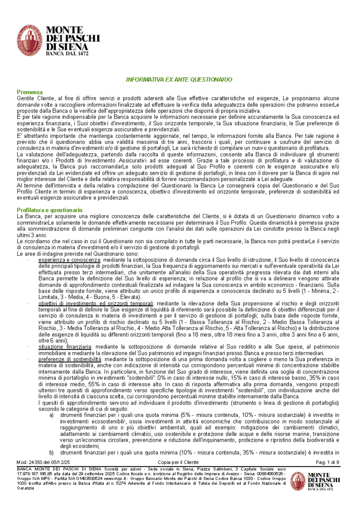 1030 Questionario Mifid per Clienti - Banca Monte dei Paschi di Siena ...