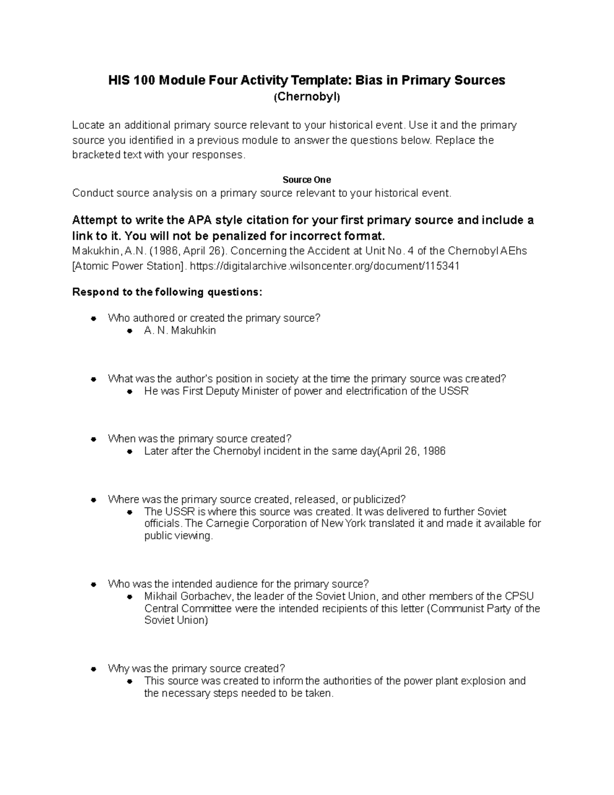HIS 100 Module 4 Activity: Analyzing Primary Sources on Chernobyl - Studocu