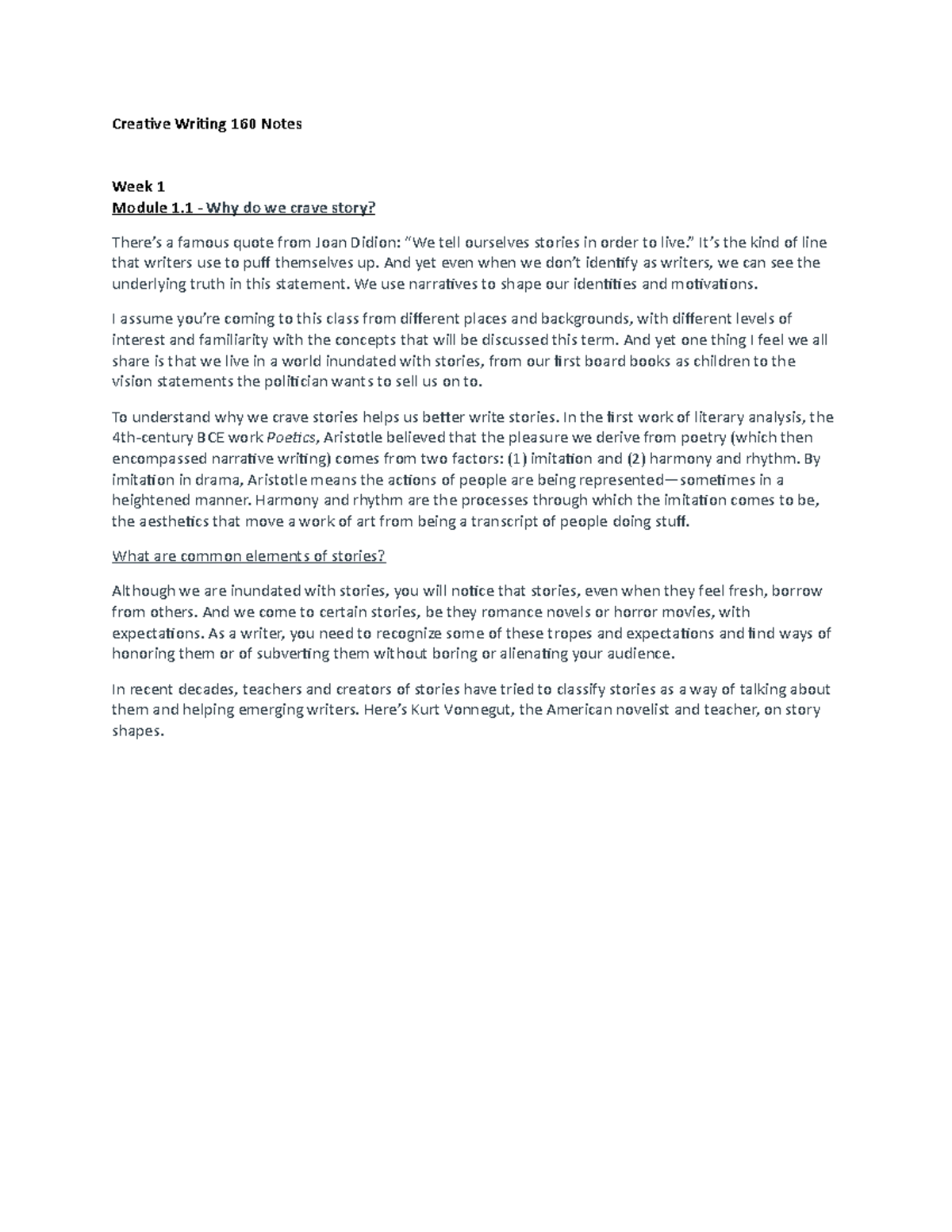 Creative Writing 160 Notes - Creative Writing 160 Notes Week 1 Module 1 ...