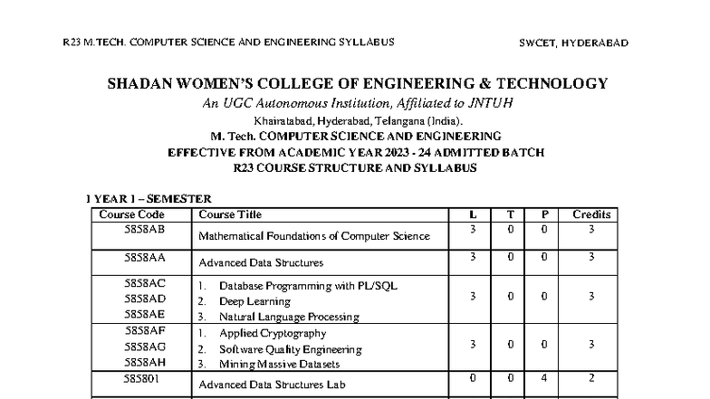 R23 M.TECH. CSE SYLLABUS & COURSE STRUCTURE 2023-24 - Studocu