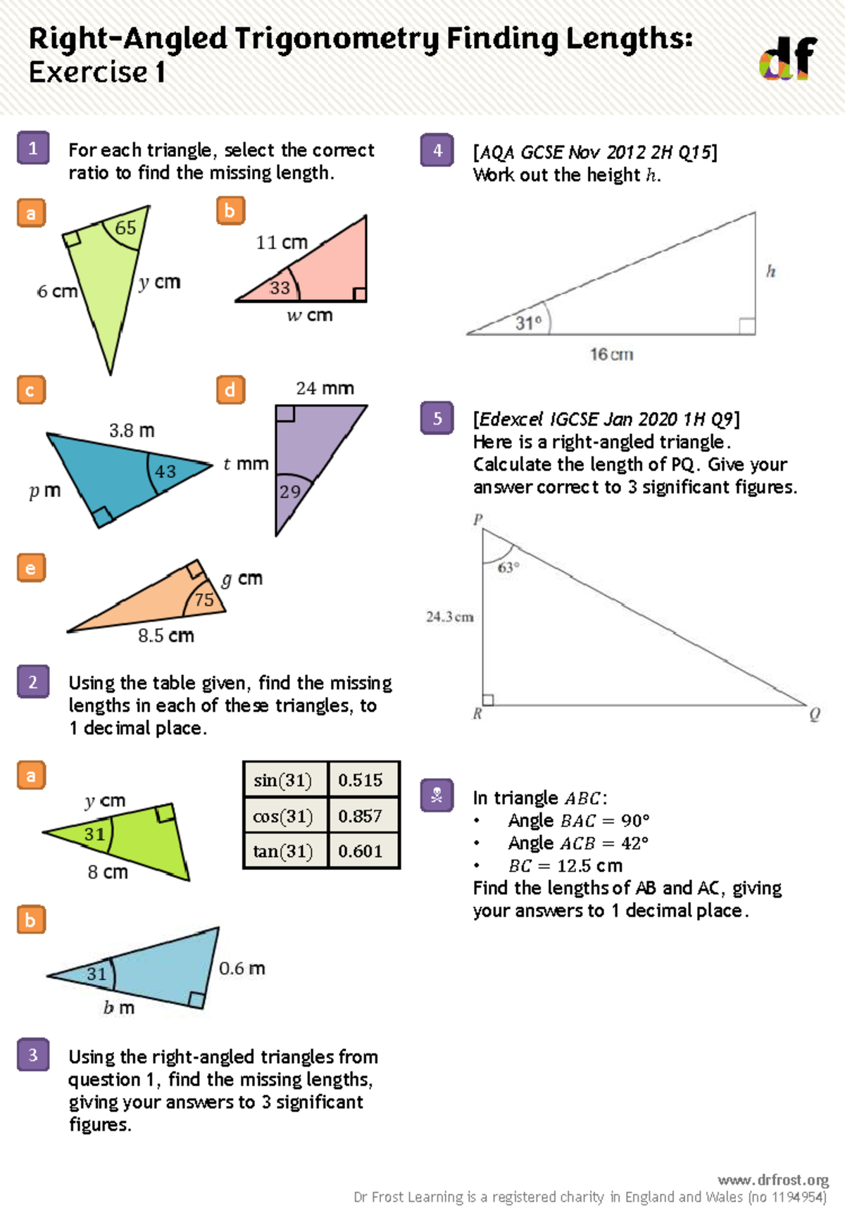 Right-Angled Trigonometry: Finding Lengths - Exercise 1 (GCSE/IGCSE ...