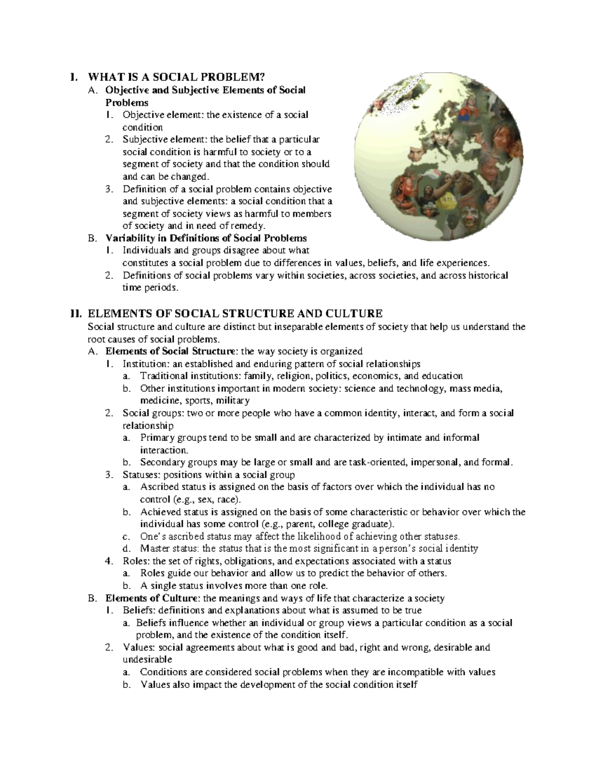 Chapter 1 Notes - I. WHAT IS A SOCIAL PROBLEM? A. Objective and ...