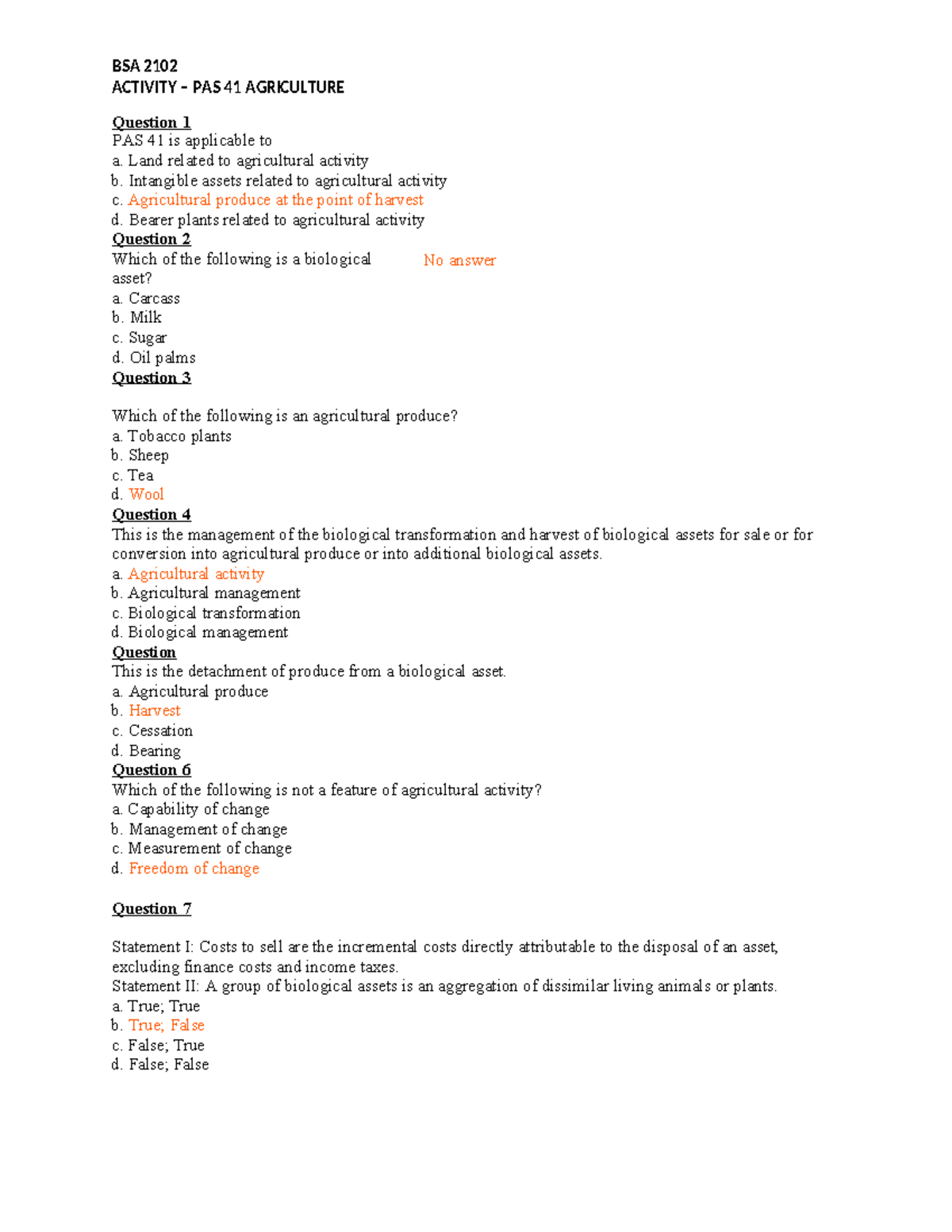 PAS 41 - Practice Questions on Agriculture and Biological Assets - Studocu