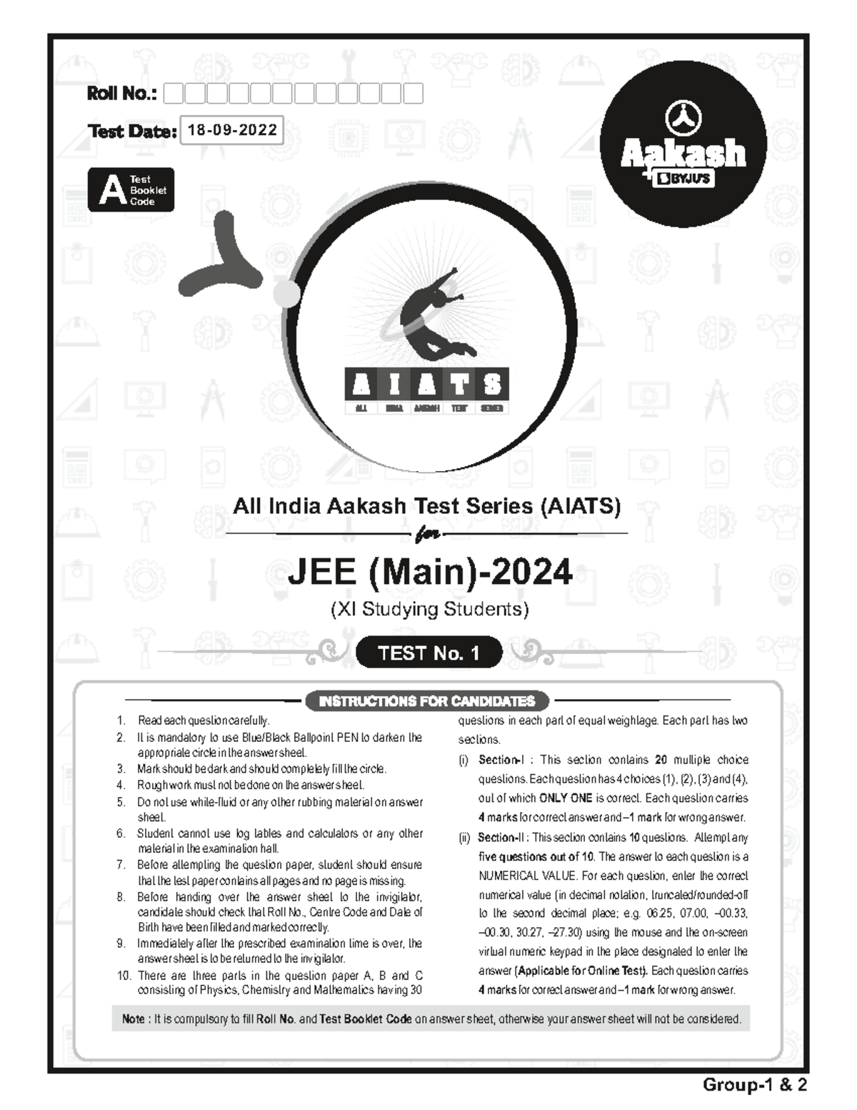 All India Aakash Test Series (AIATS) JEE Test 1 Practice Paper - Studocu