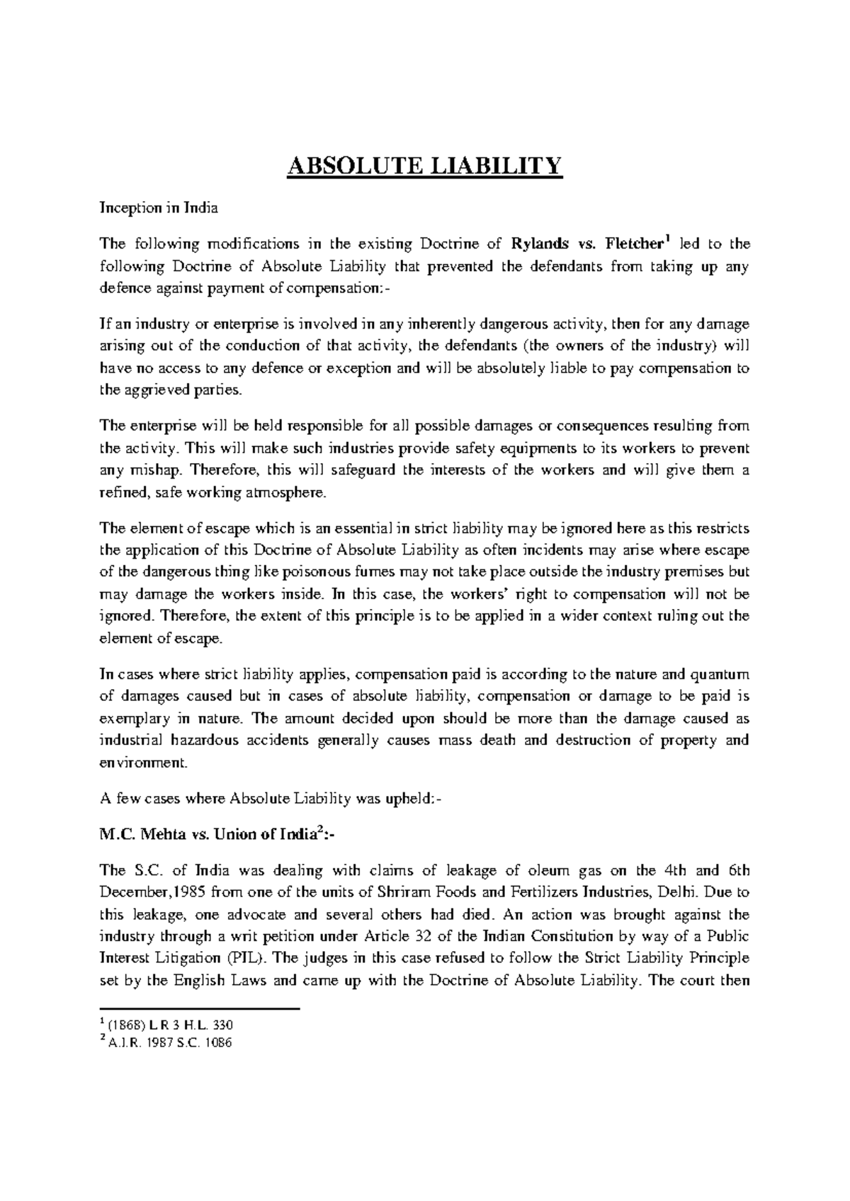 Absolute Liability: Evolution and Impact in Indian Tort Law - Studocu