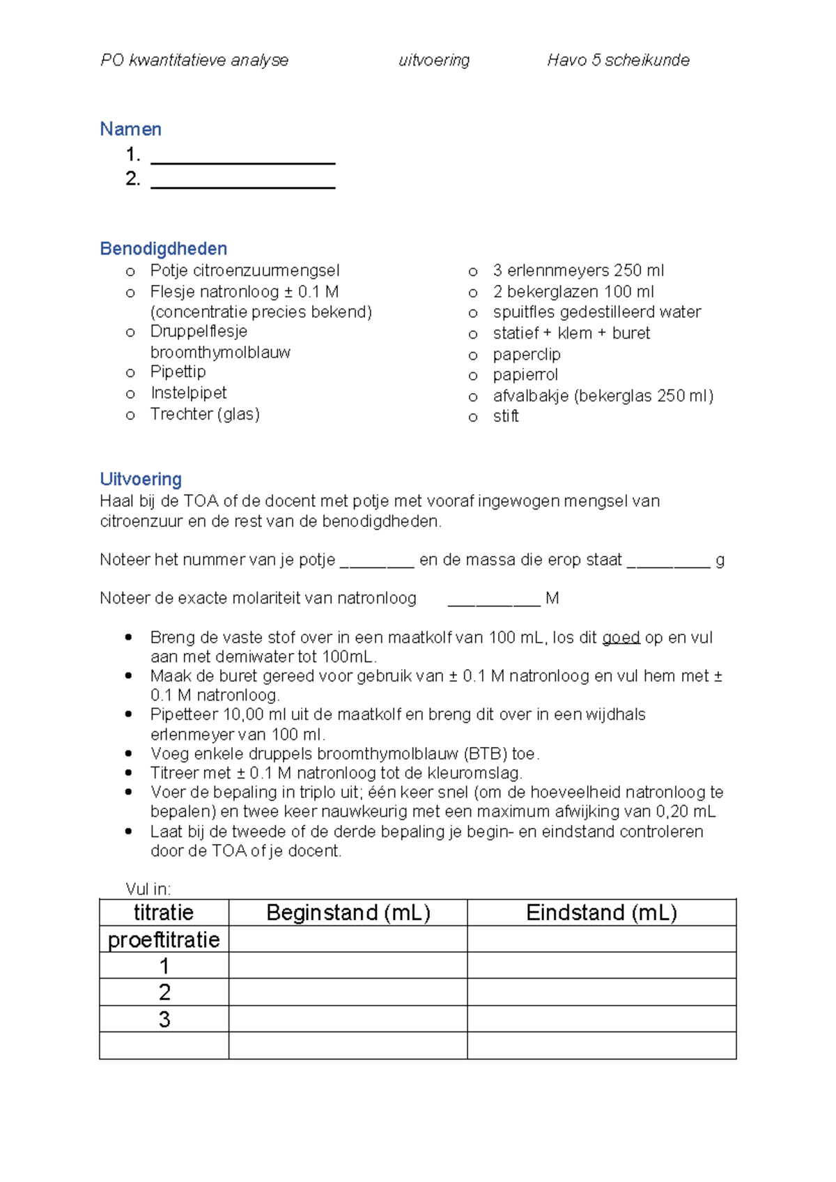 PO H5 Scheikunde: Praktische Uitvoering Titratie van Citroenzuur ...