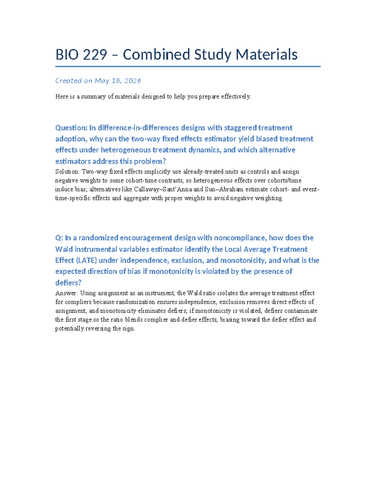 BIO 229 Comprehensive Study Guide for Treatment Effect Estimation - Studocu