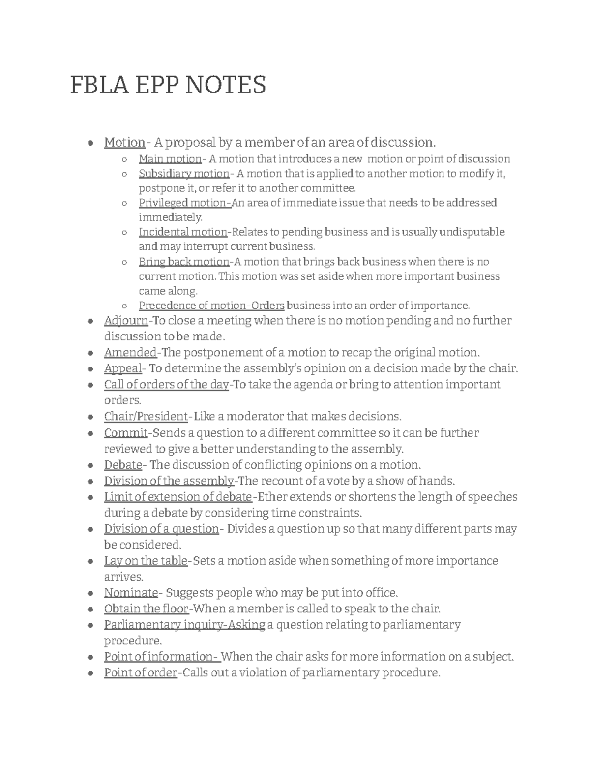 FBLA EPP Notes: Understanding Parliamentary Motions and Procedures ...