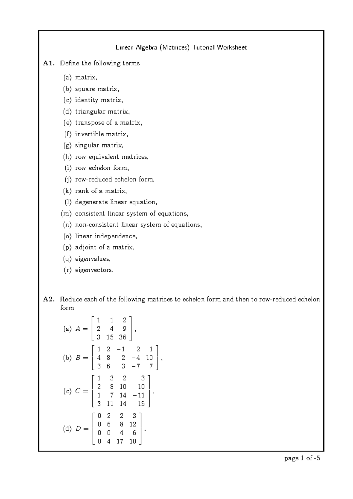 SMA 1216 Linear Algebra Matrices Tutorial Worksheet A1-A7 - Studocu