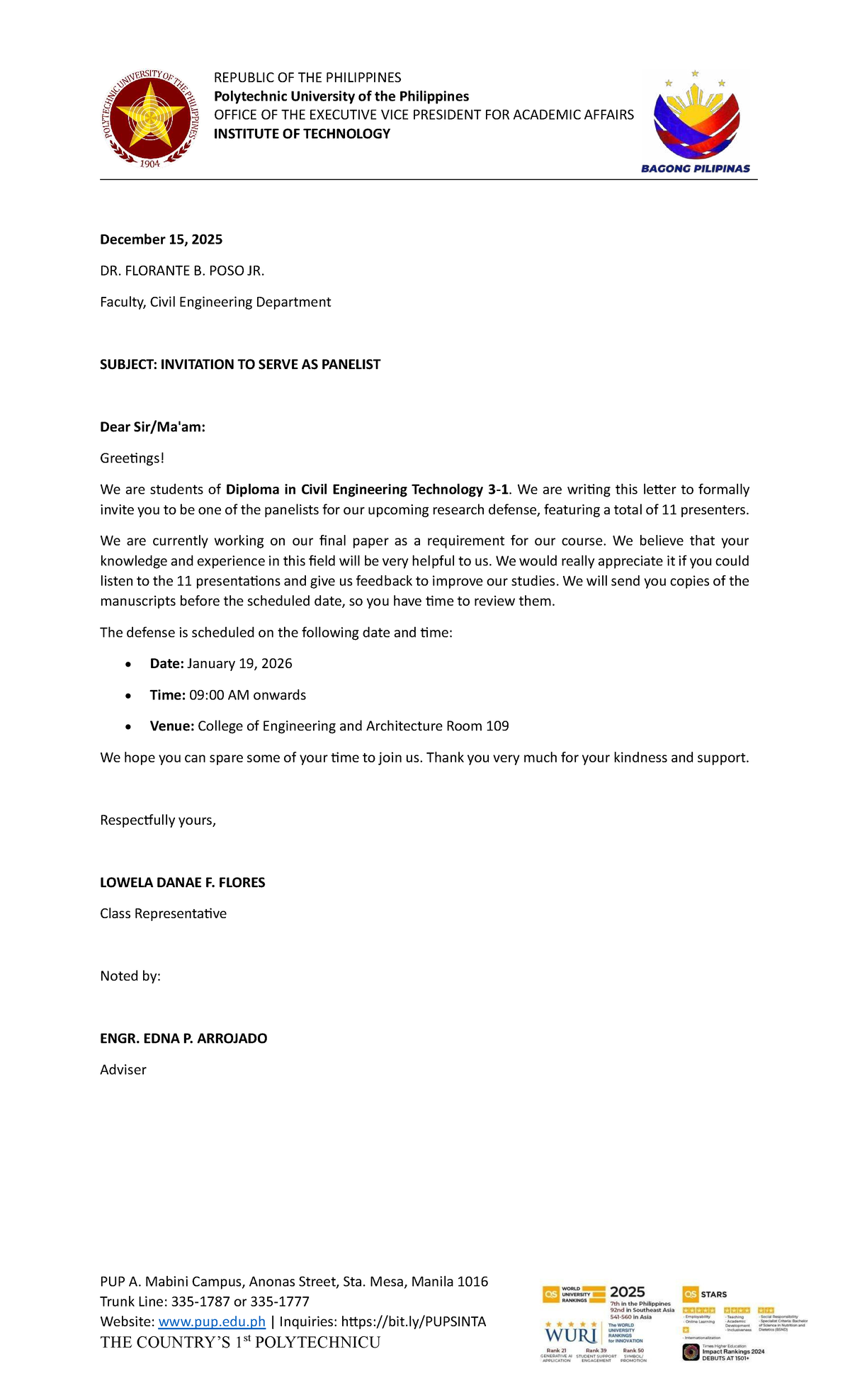 Invitation Letter for Panelist - Diploma in Civil Engineering Tech ...