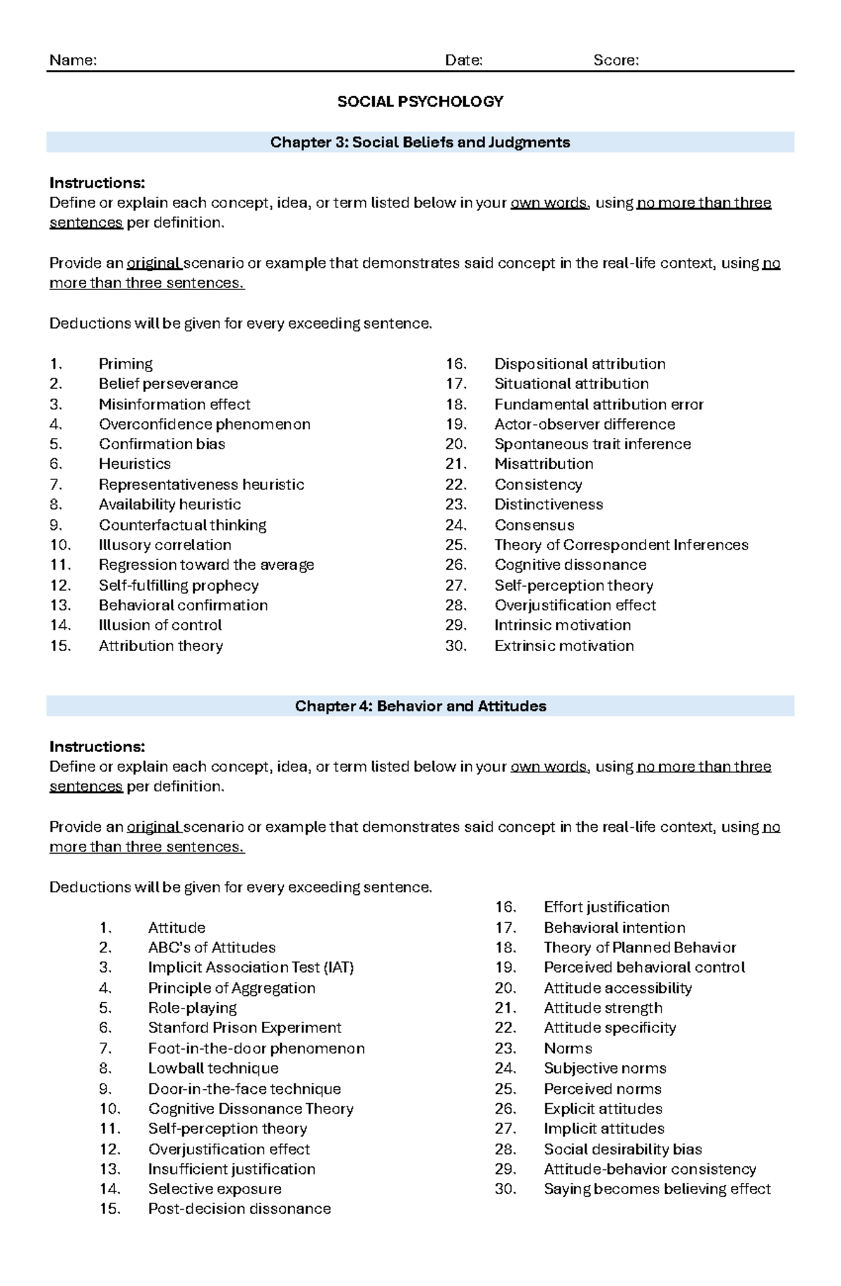 Social Psych Ch 3-4 - Activity - Name: Date: Score: SOCIAL PSYCHOLOGY ...