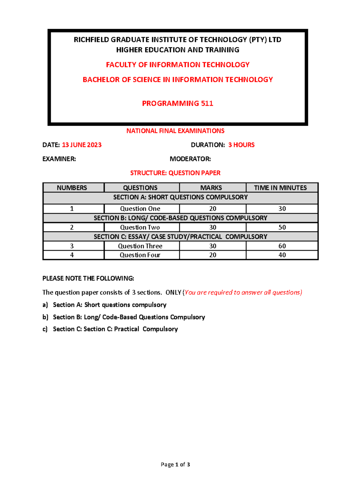 Programming 511 National Final Exam Paper - June 13, 2023 - Studocu