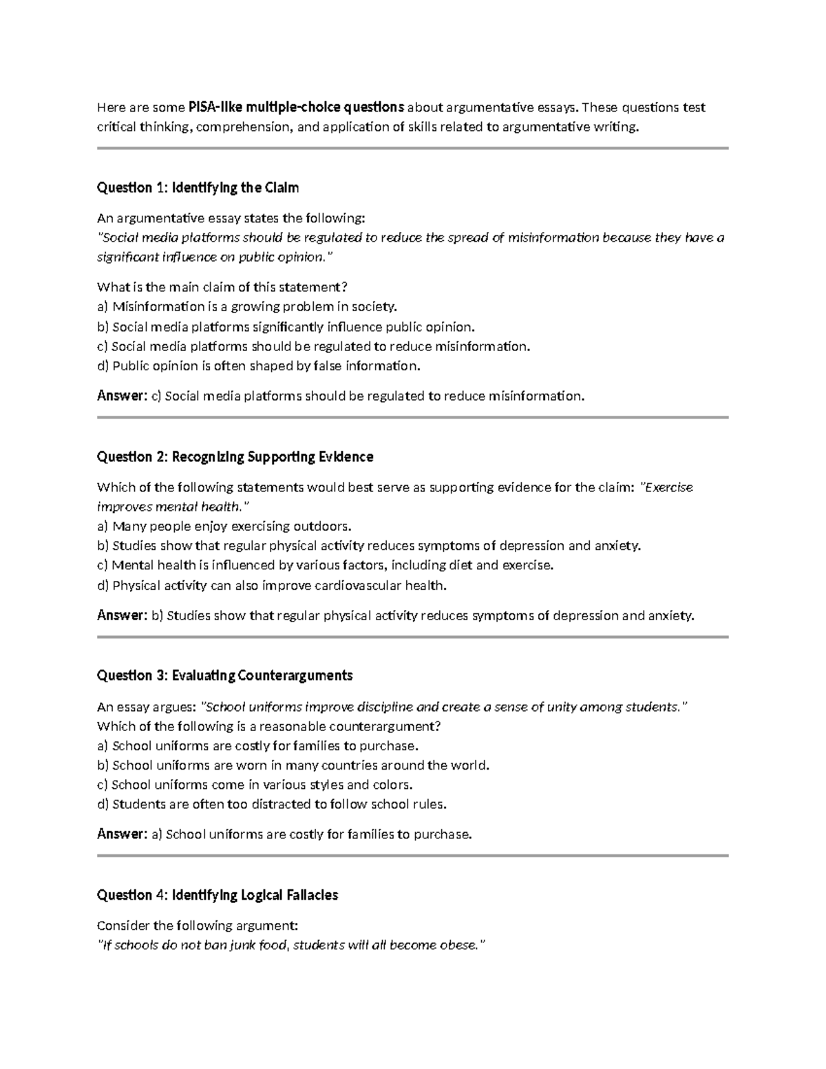 PISA-Like MCQs on Argumentative Writing & Critical Thinking for Grade ...