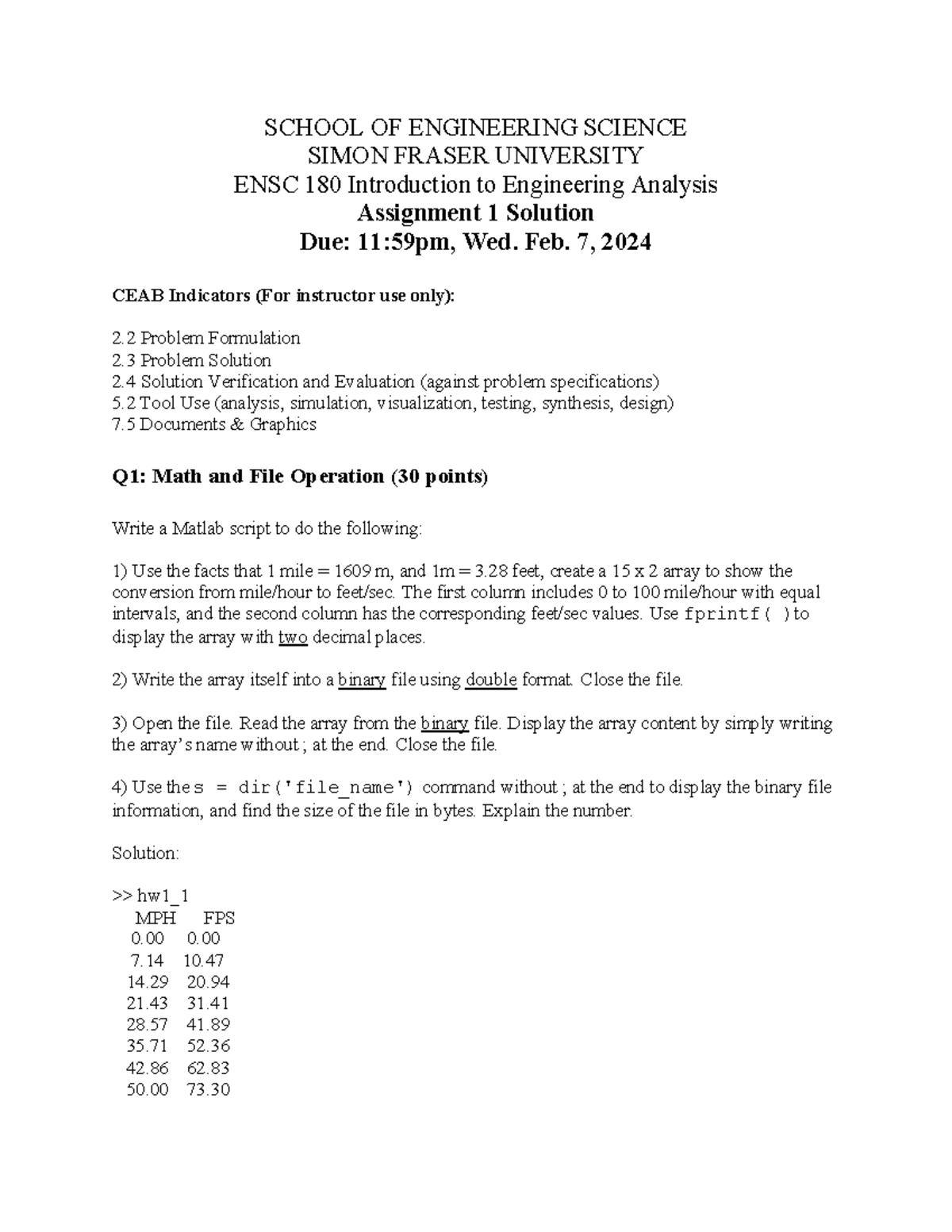 ENSC 180 Introduction to Engineering Analysis Assignment 1 Solutions ...