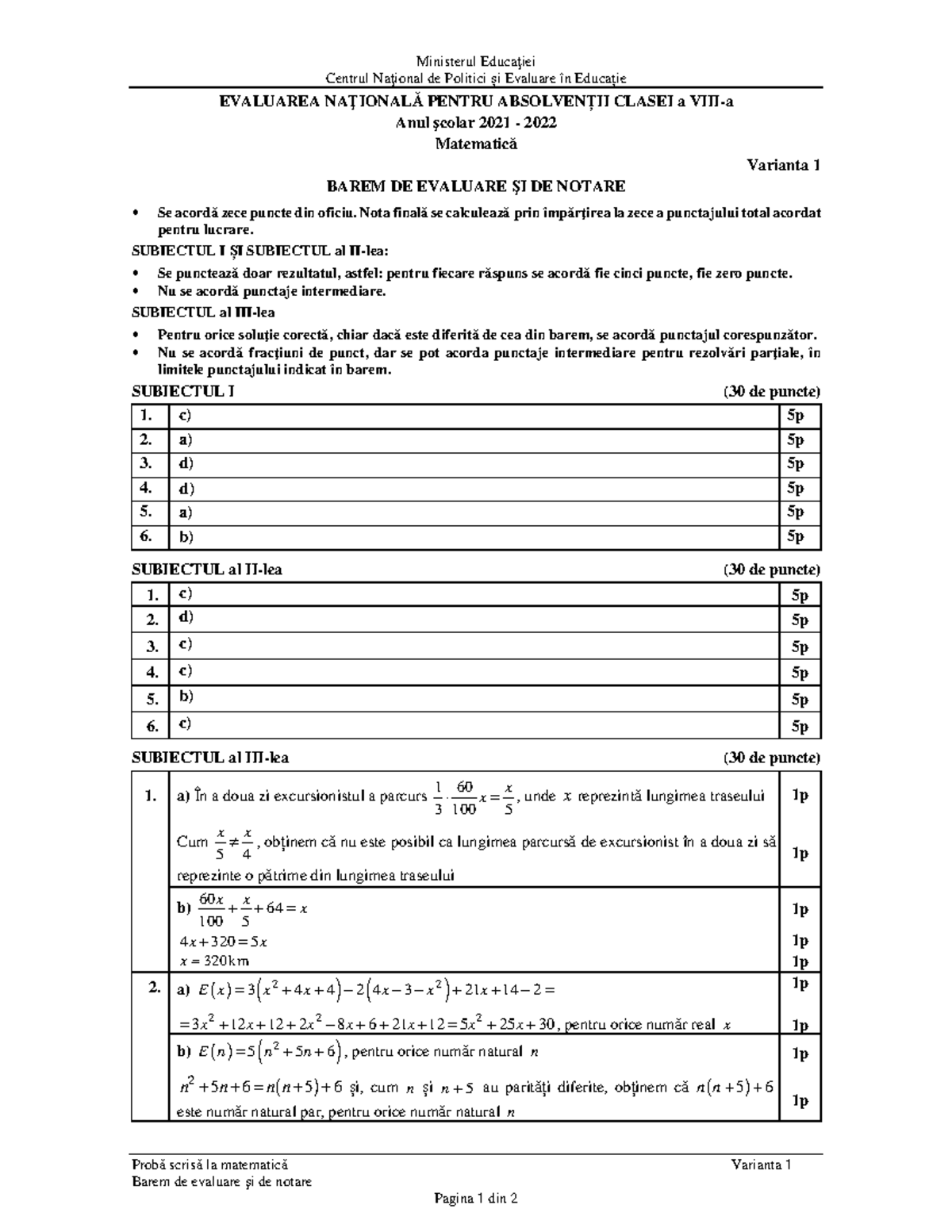 2022 EN Matematica Examen Barem Varianta 1 Evaluare Fabbrica - Studocu