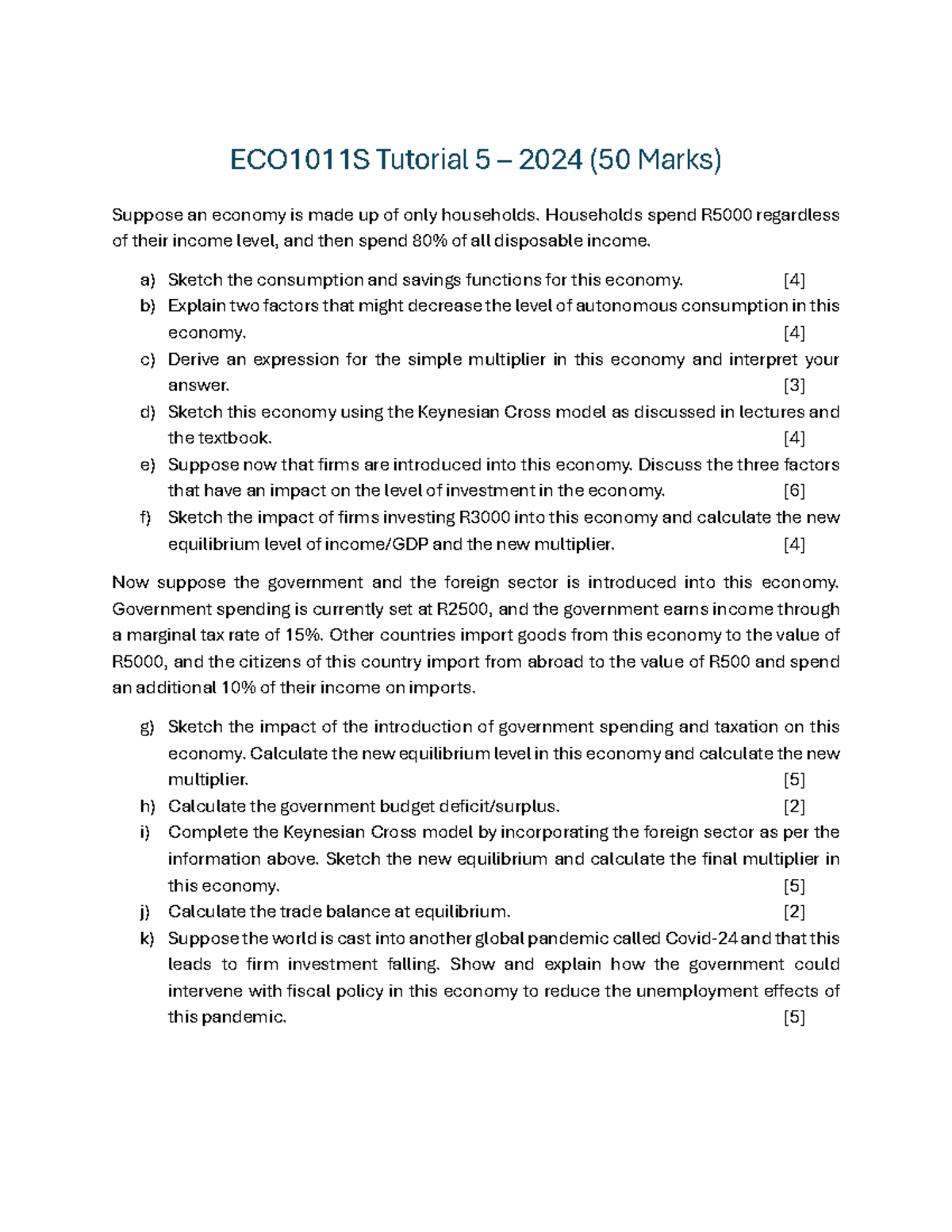 ECO1011S Tutorial 5 – Consumption, Savings & Economic Model Analysis ...