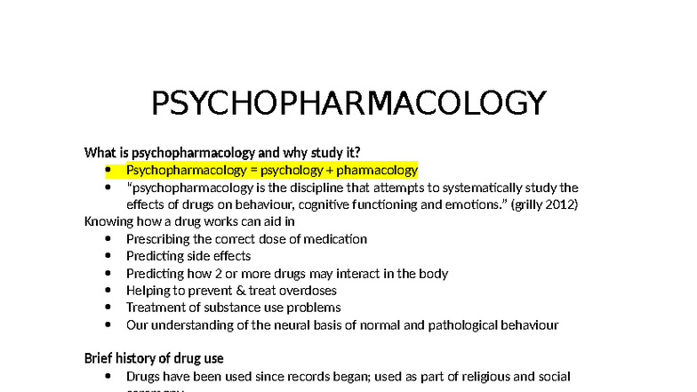 PSYCH 101: Study Notes on Psychopharmacology and Drug Effects - Studocu