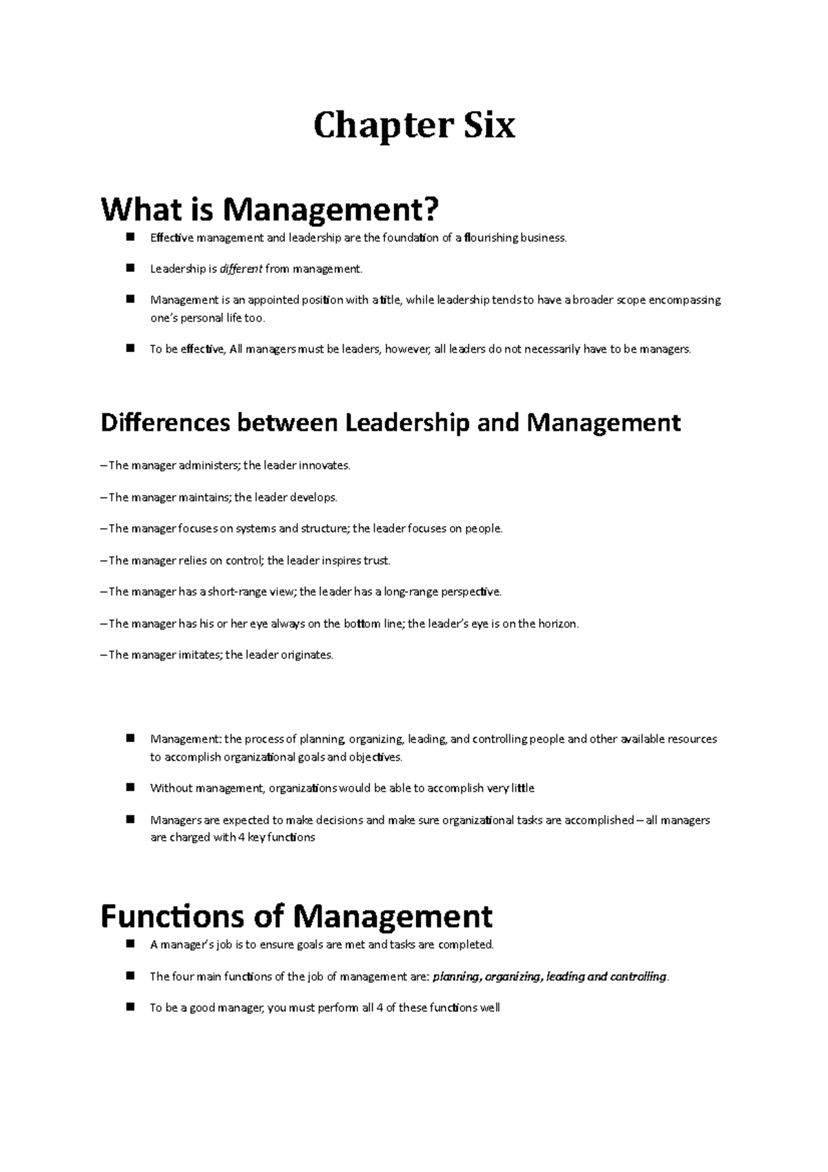 Chapter 6: Key Concepts of Management and Leadership Notes - Studocu