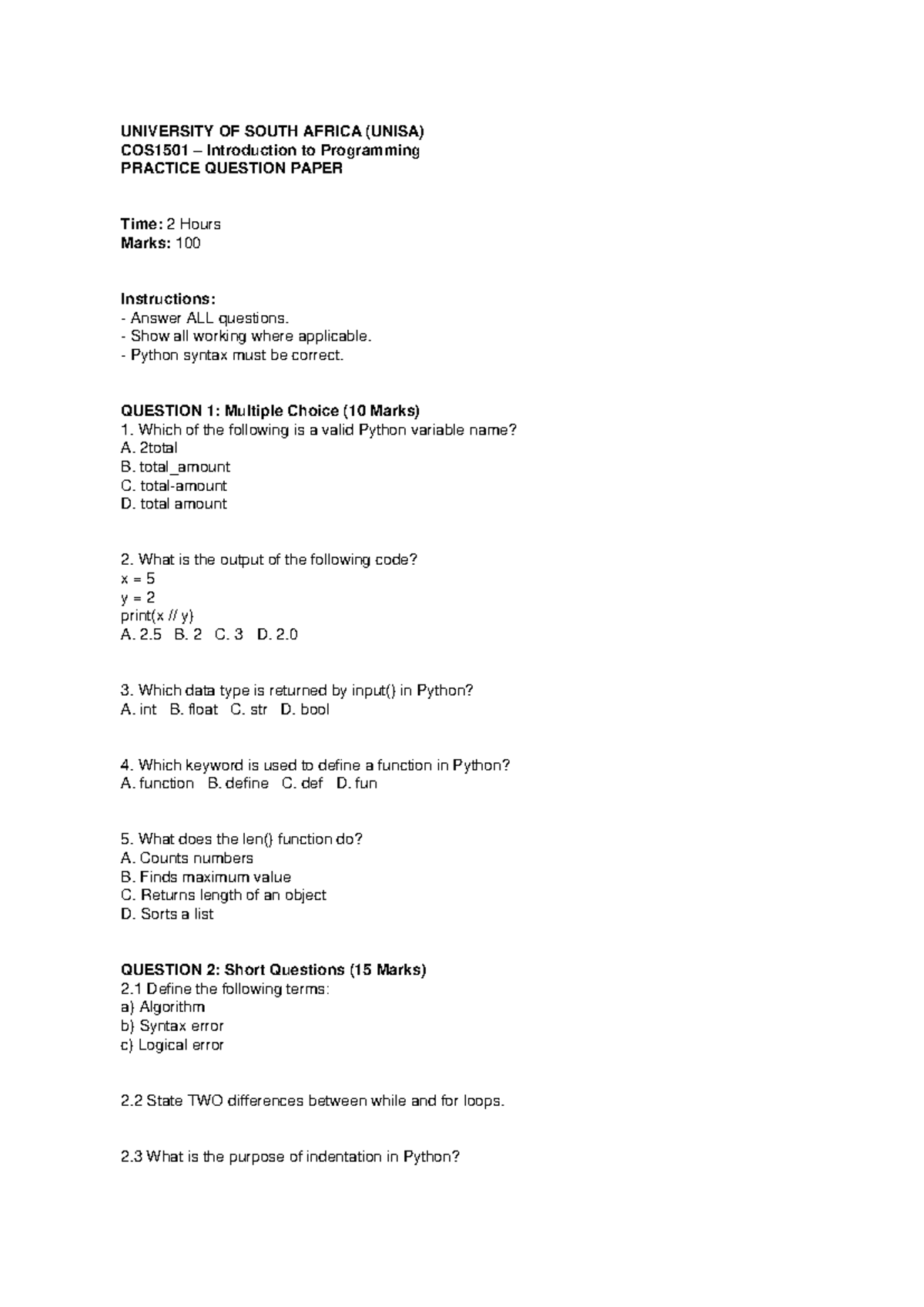 COS1501 Introduction to Programming Practice Question Paper - Studocu