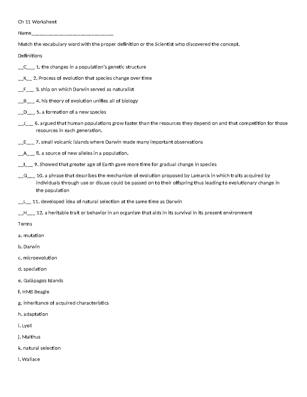 Ch 11 Evolution Vocabulary Worksheet - Key Concepts and Terms - Studocu