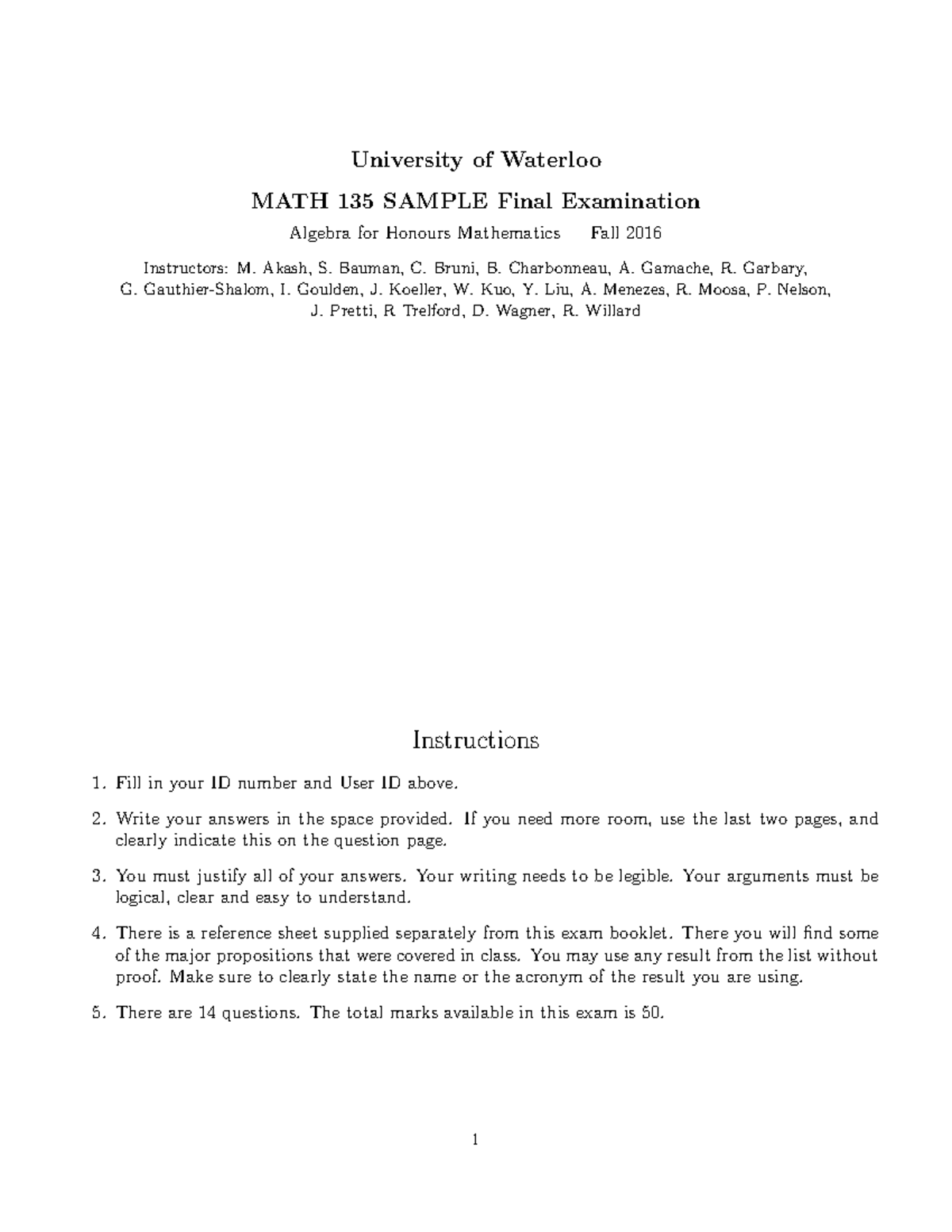 Math 135 Sample Final Exams - University of Waterloo MATH 135 SAMPLE ...