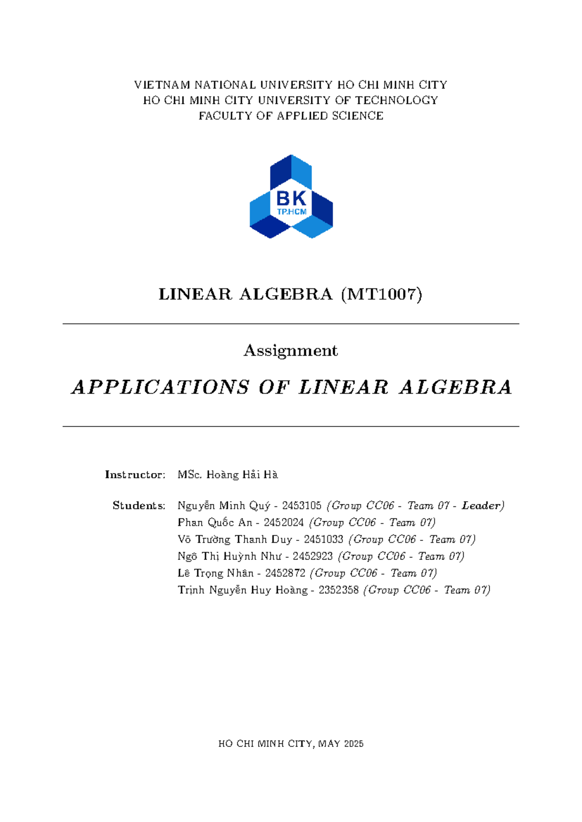 MT1007 Sem242 Assignment: Applications of Linear Algebra - Studocu