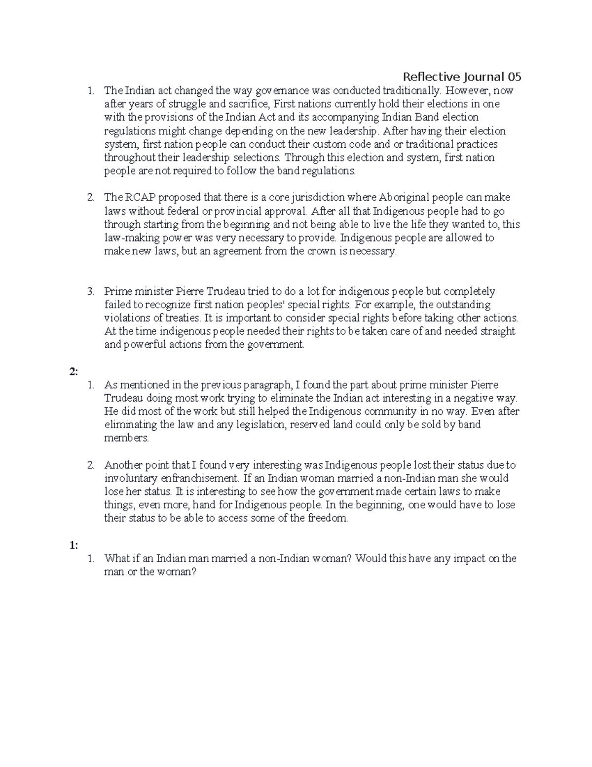 Reflective Journal 05: Indigenous Governance & Rights Analysis - Studocu