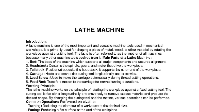 LATHE MACHINE Overview: Key Parts, Operations & Applications - Studocu