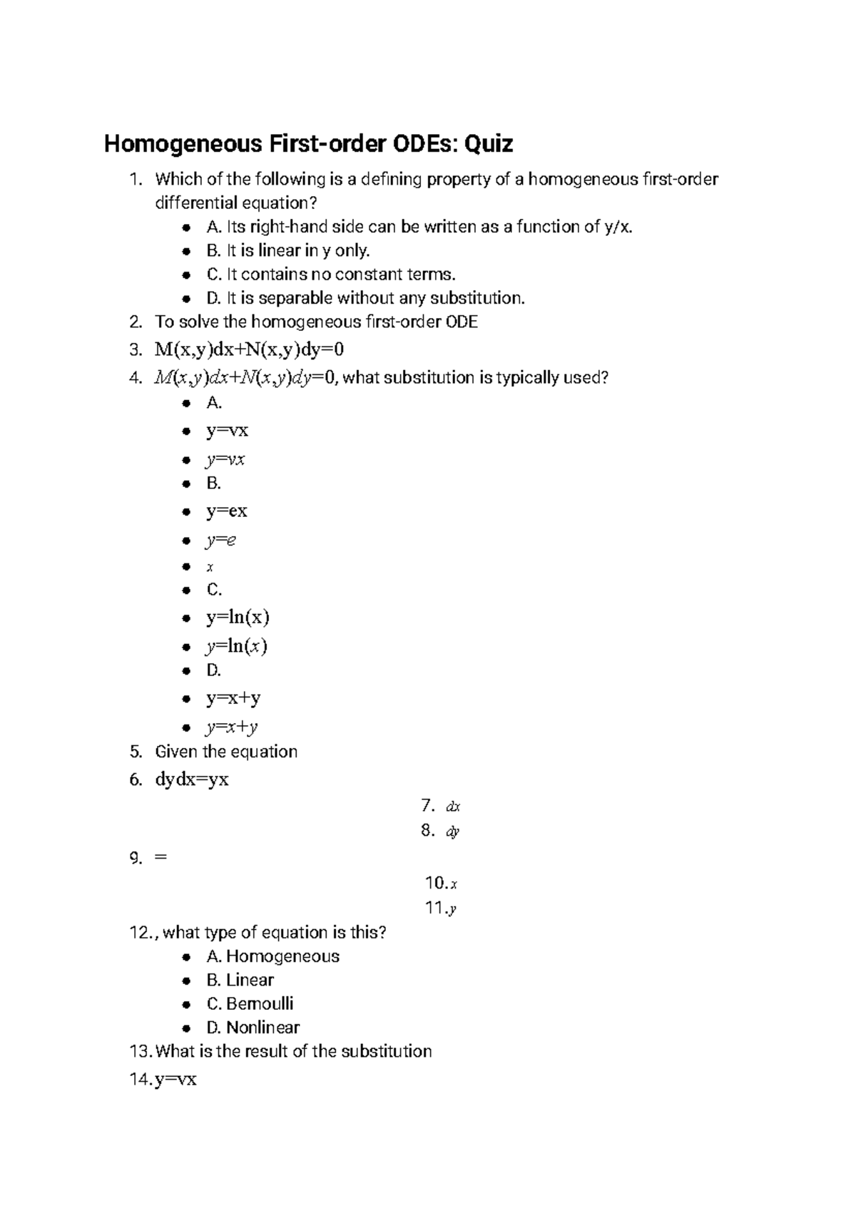 Homogeneous First-order ODEs: Quiz - Studocu