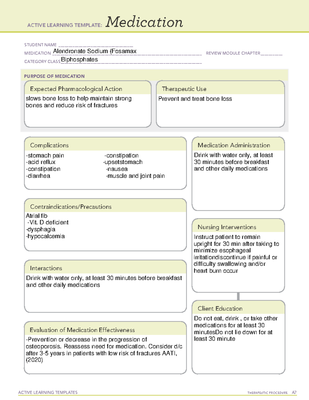 Alendronate (Fosamax) Active Learning Template for Nursing Students ...