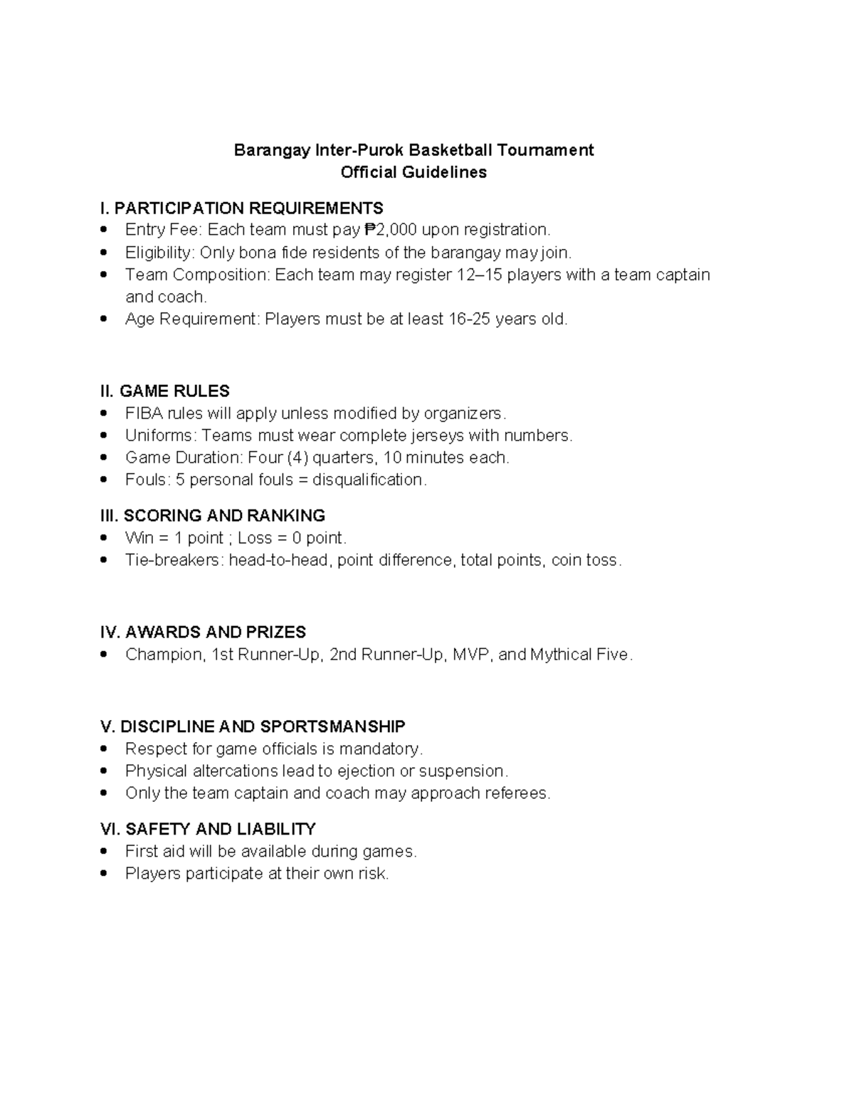 Barangay Basketball Tournament Guidelines and Rules - Studocu