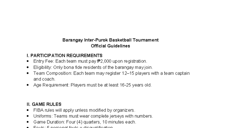 Barangay Basketball Tournament Guidelines and Rules - Studocu