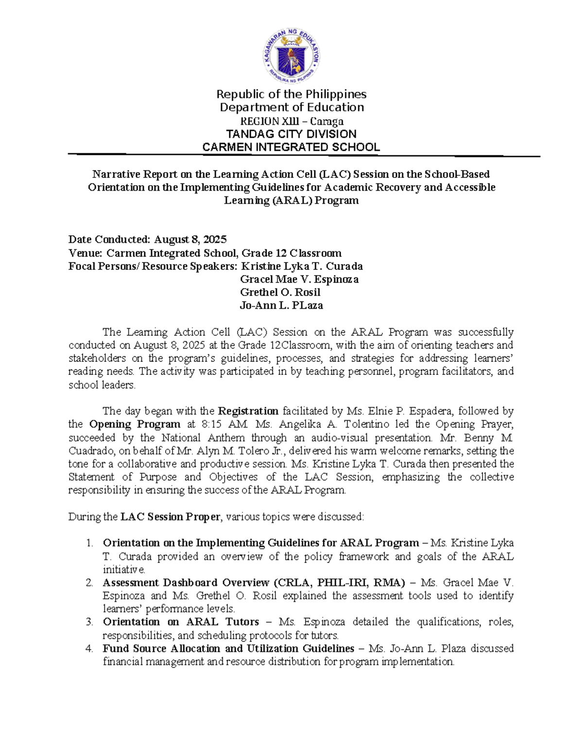 Narrative Report on ARAL Program LAC Session - August 2025 - Studocu
