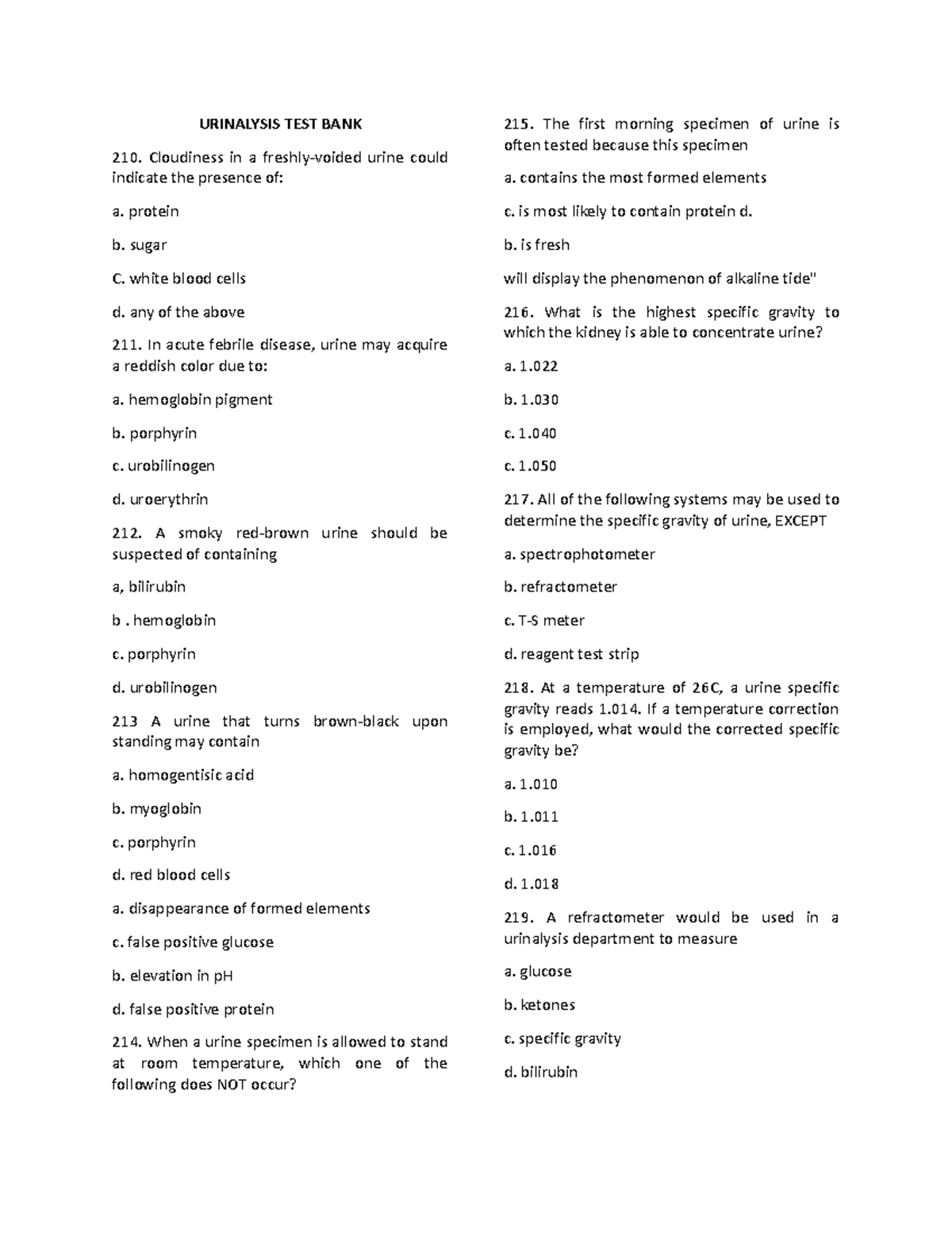 Urinalysis Test Bank: Key Questions and Answers (Course Code: APOL101 ...