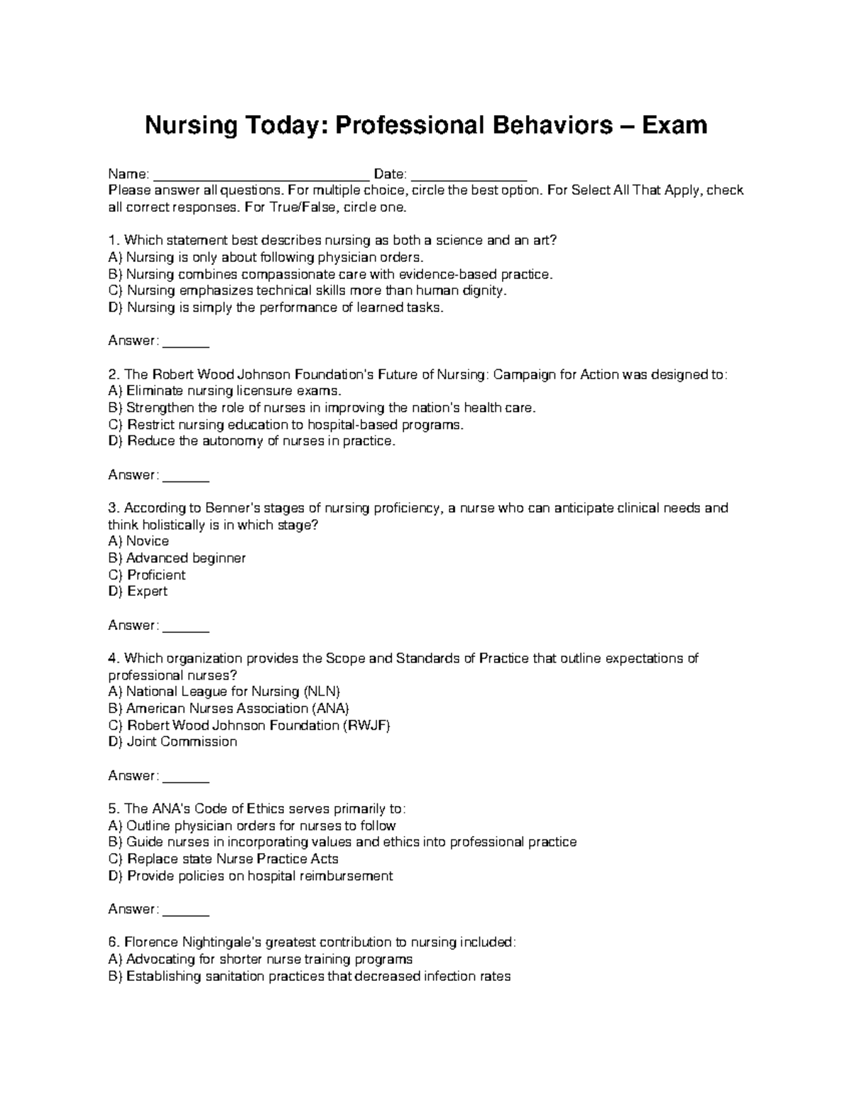 NUR 111 Nursing Today: Professional Behaviors Practice Quiz - Studocu