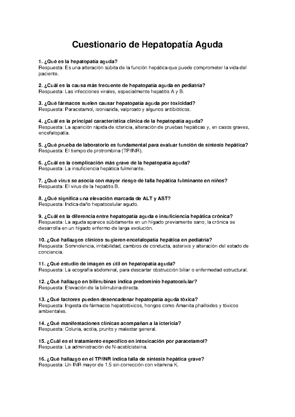 Cuestionario de Hepatopatía Aguda: Preguntas y Respuestas Clave - Studocu