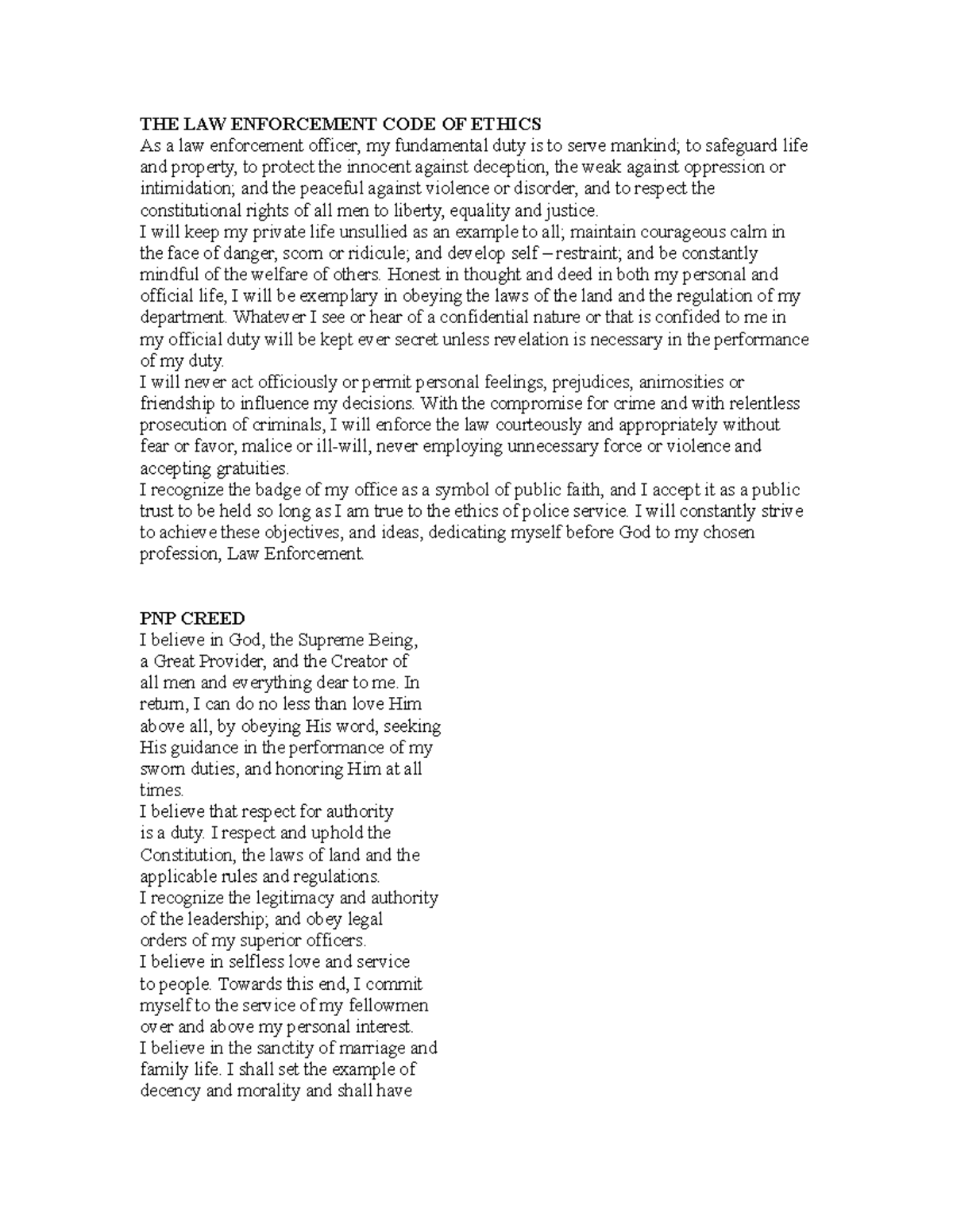 Ethics, creed, Pledge - THE LAW ENFORCEMENT CODE OF ETHICS As a law ...