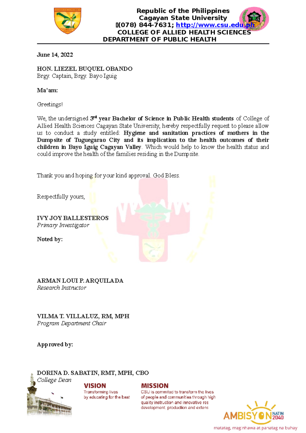 IYCF Letter-MHO - sample letter - Republic of the Philippines Cagayan ...