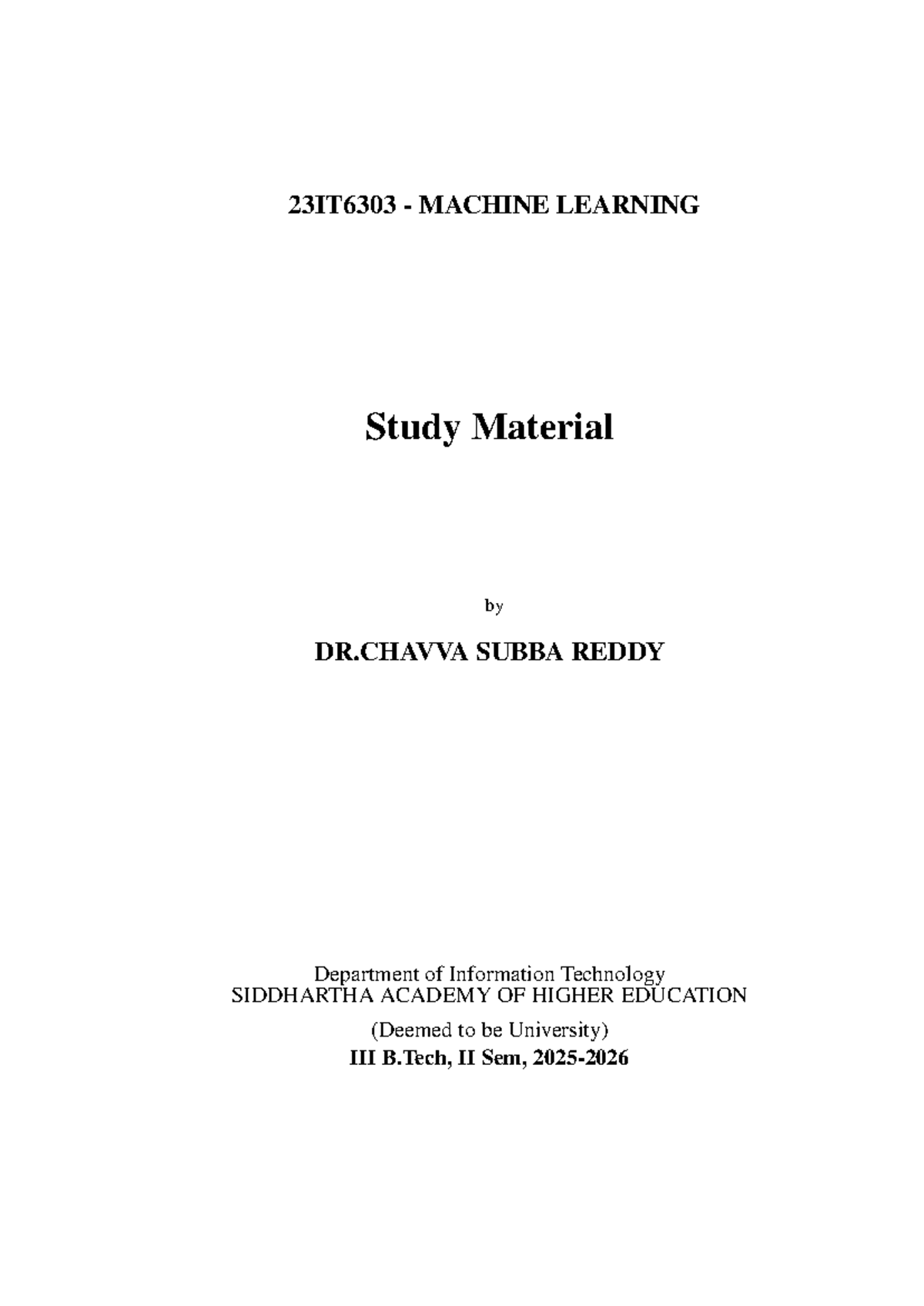 23IT6303 MACHINE LEARNING Study Material - Comprehensive Guide - Studocu