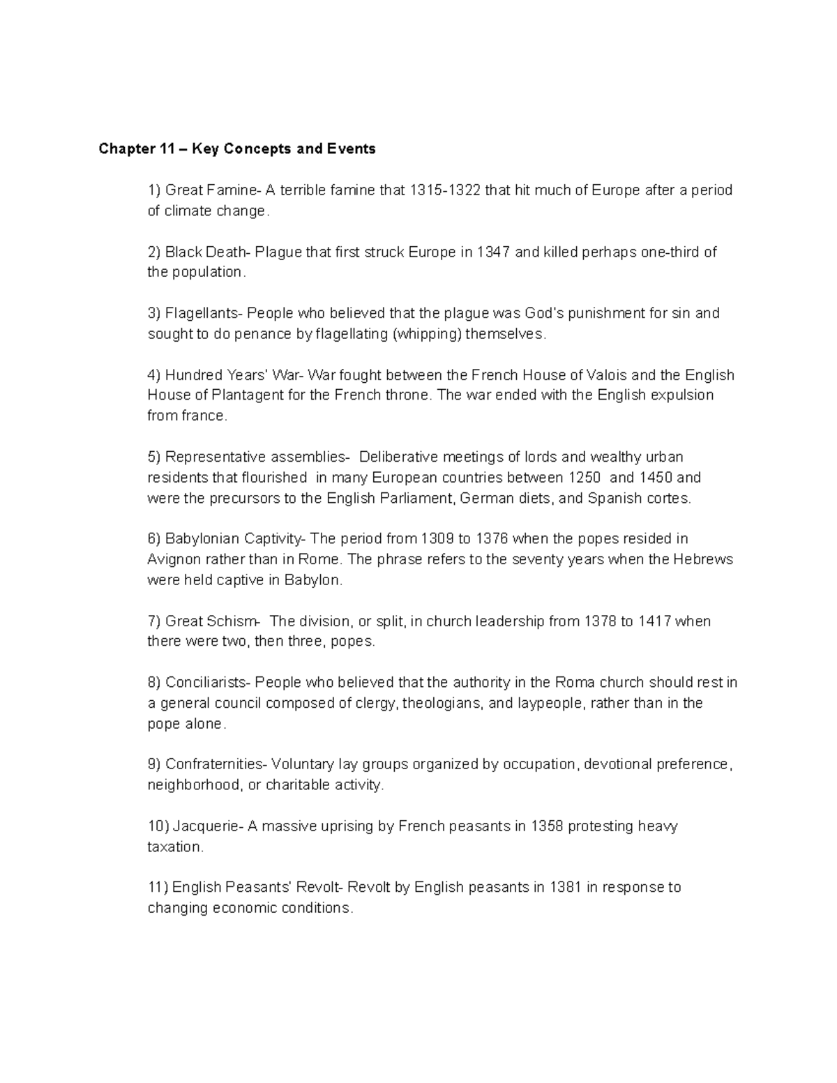 AP Euro - Ch 11: Key Concepts & Practice Qs on Late Middle Ages - Studocu