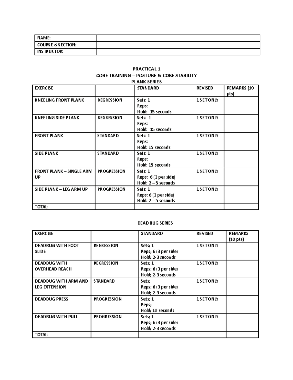 CORE Training Form 1: Practical Exercises & Progressions - Studocu