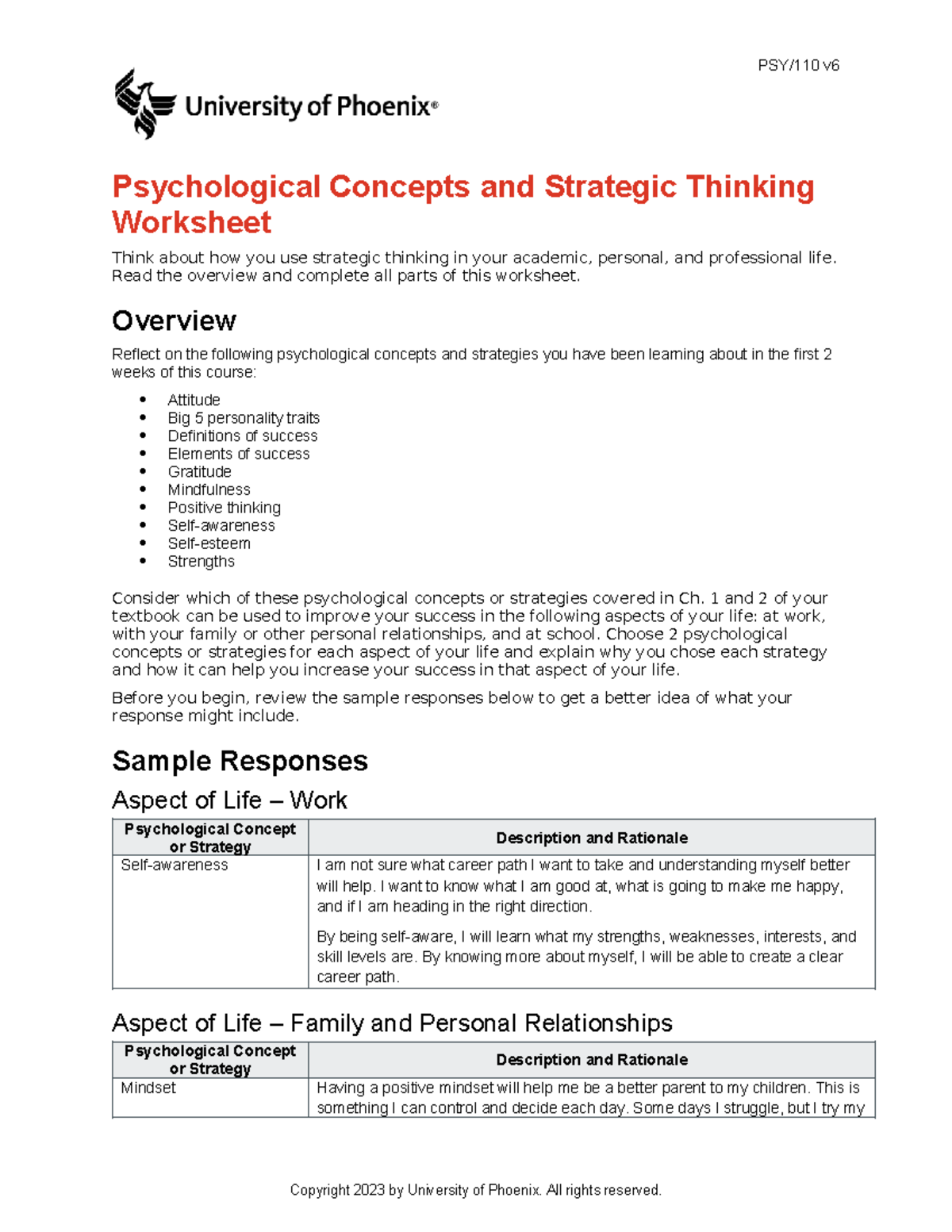 Psy110 v6 wk2 done - Week 2 worksheet - PSY/110 v Psychological ...