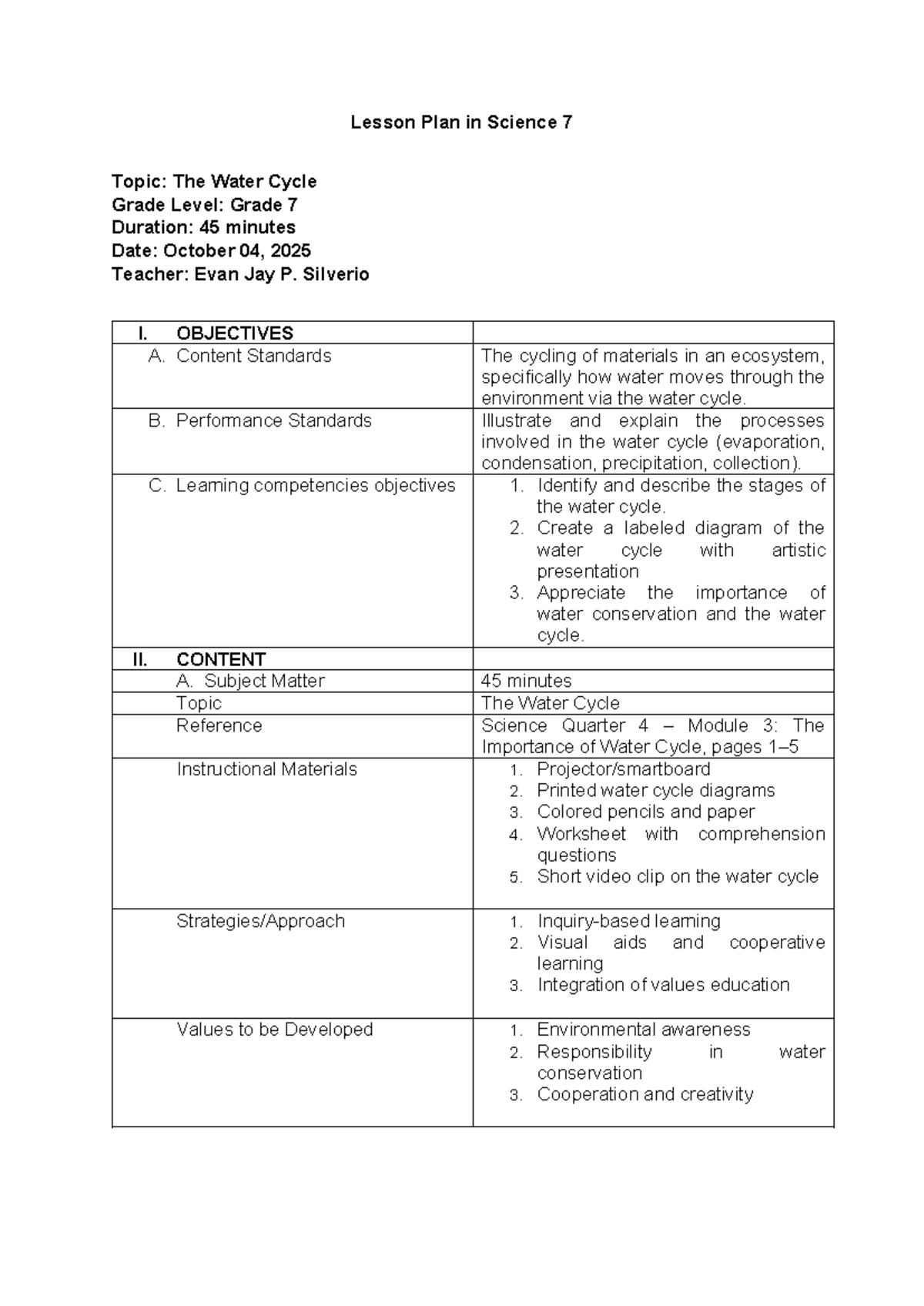 Science 7 Lesson Plan: Understanding the Water Cycle - Studocu