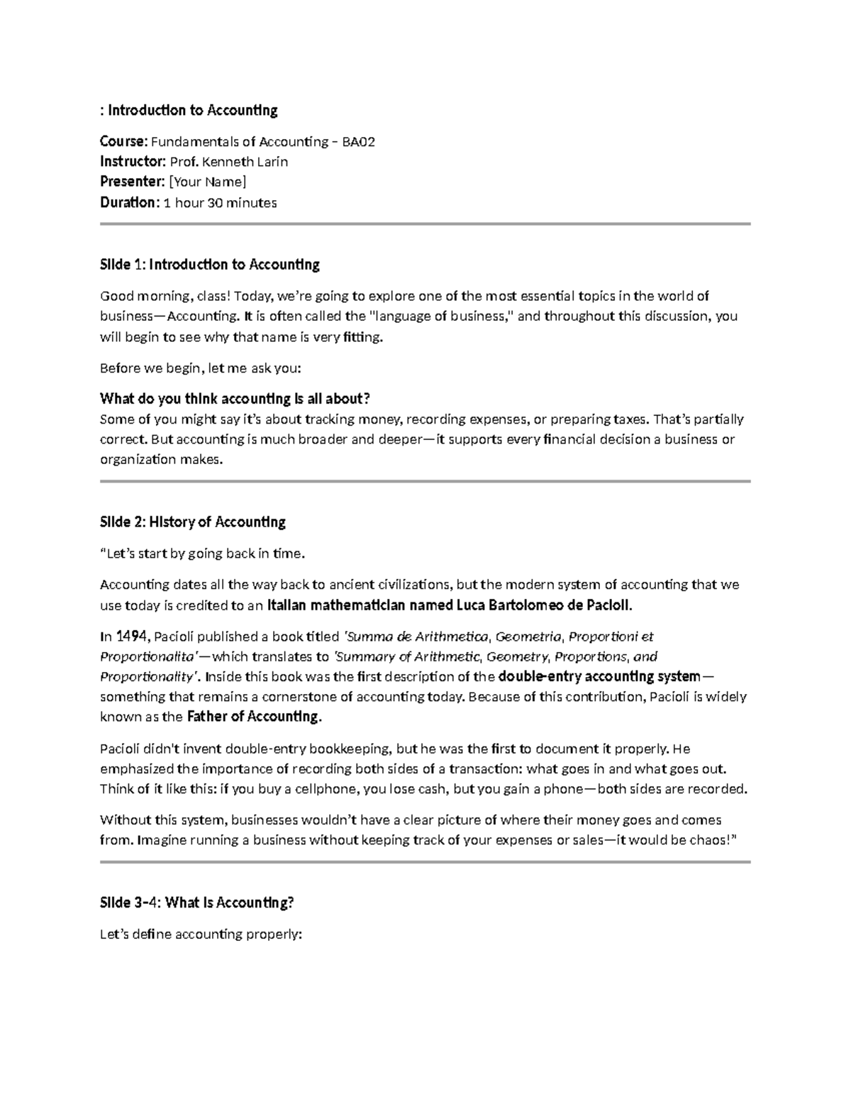 BA02 Lesson 1: Introduction to Accounting Overview and Key Concepts ...